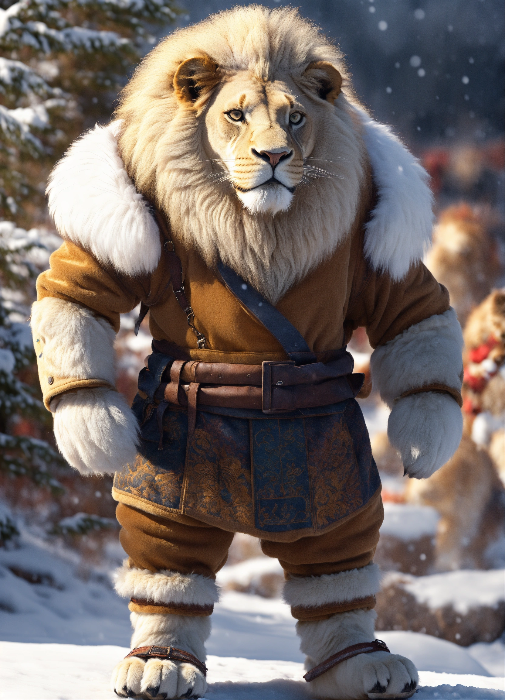 Lexica - A bipedal lion with white fur, wearing heavy winter clothing