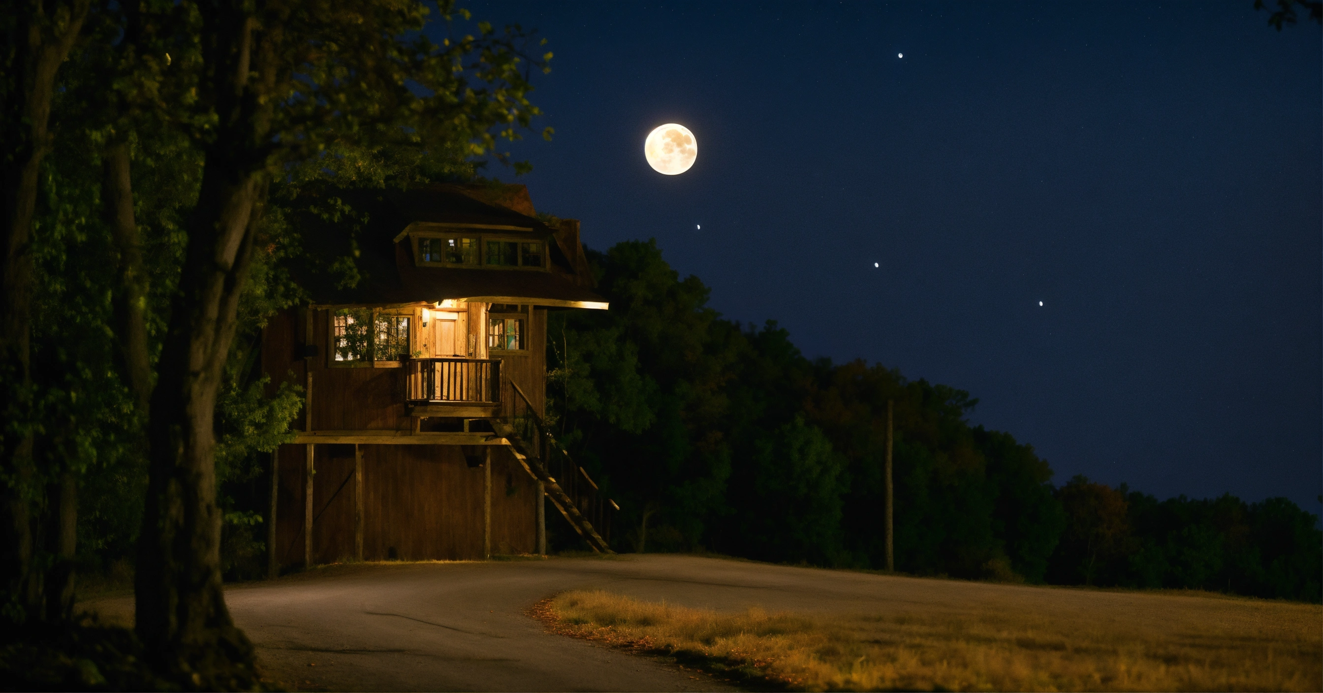 Lexica - Wrong turn, road, fall, treehouse, cute, moon