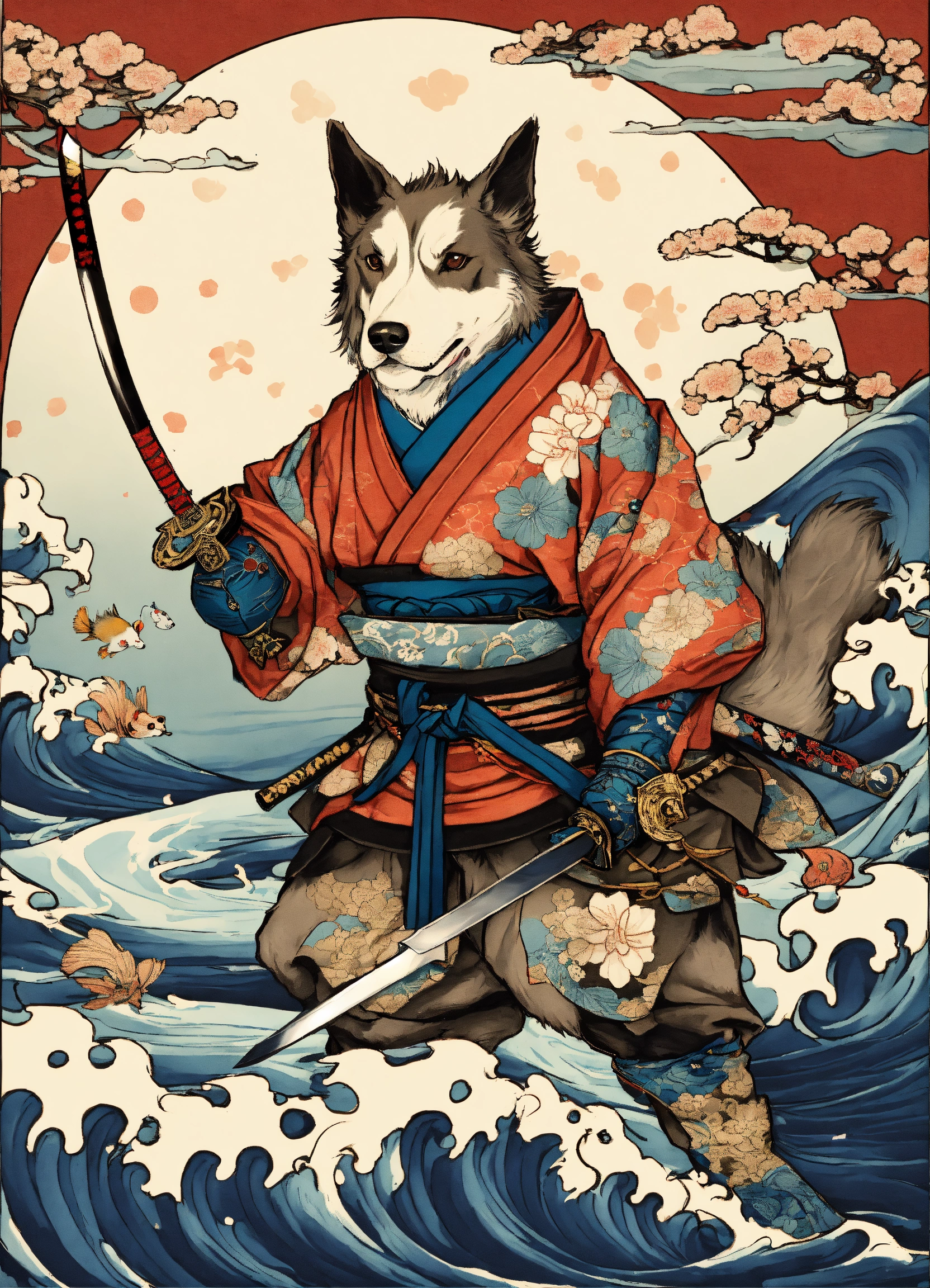 Lexica - There is a dog with a fish and a sword on a white background ...