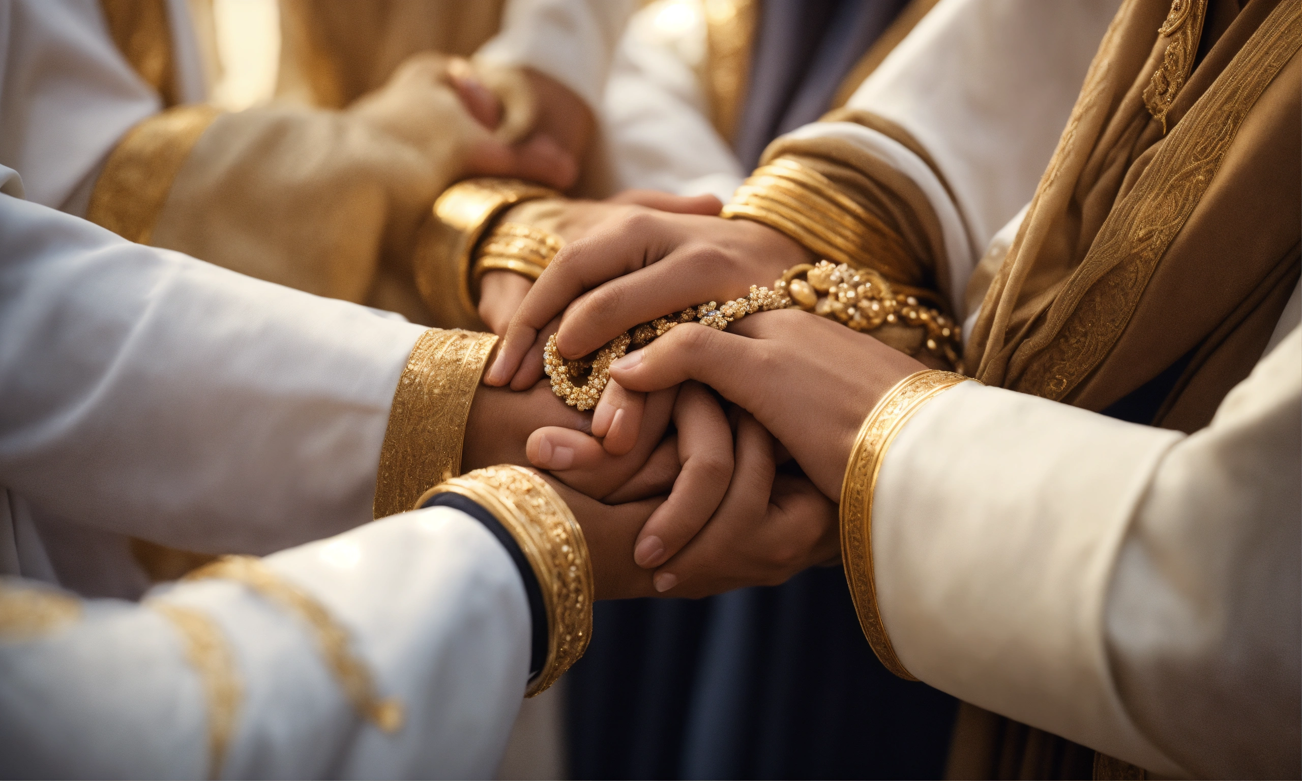 Lexica - Close up of 5 hands holding each other, Saudi white costume ...