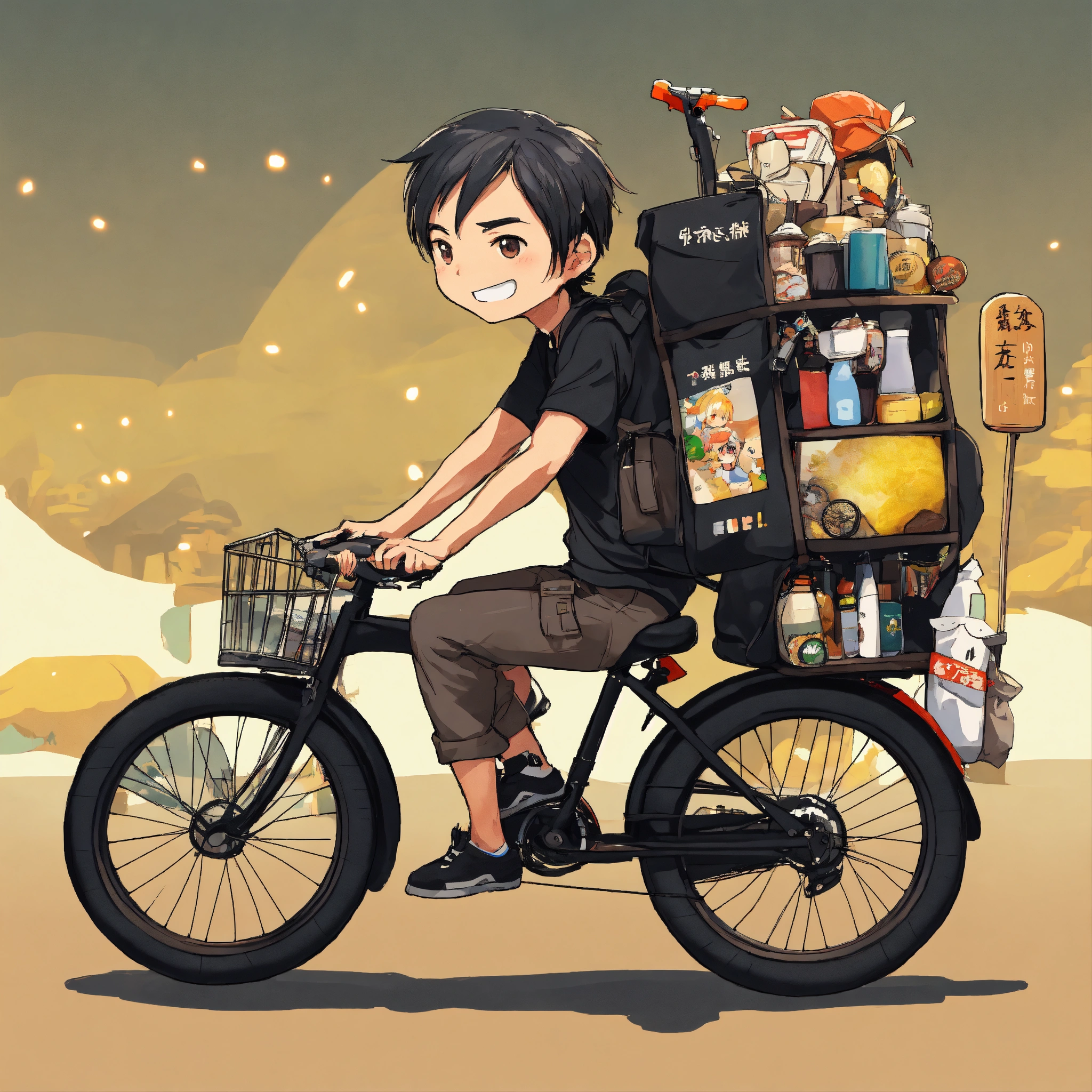 Lexica - Japanese Adventurer man, ride on the bicycle, black T-shirt ...
