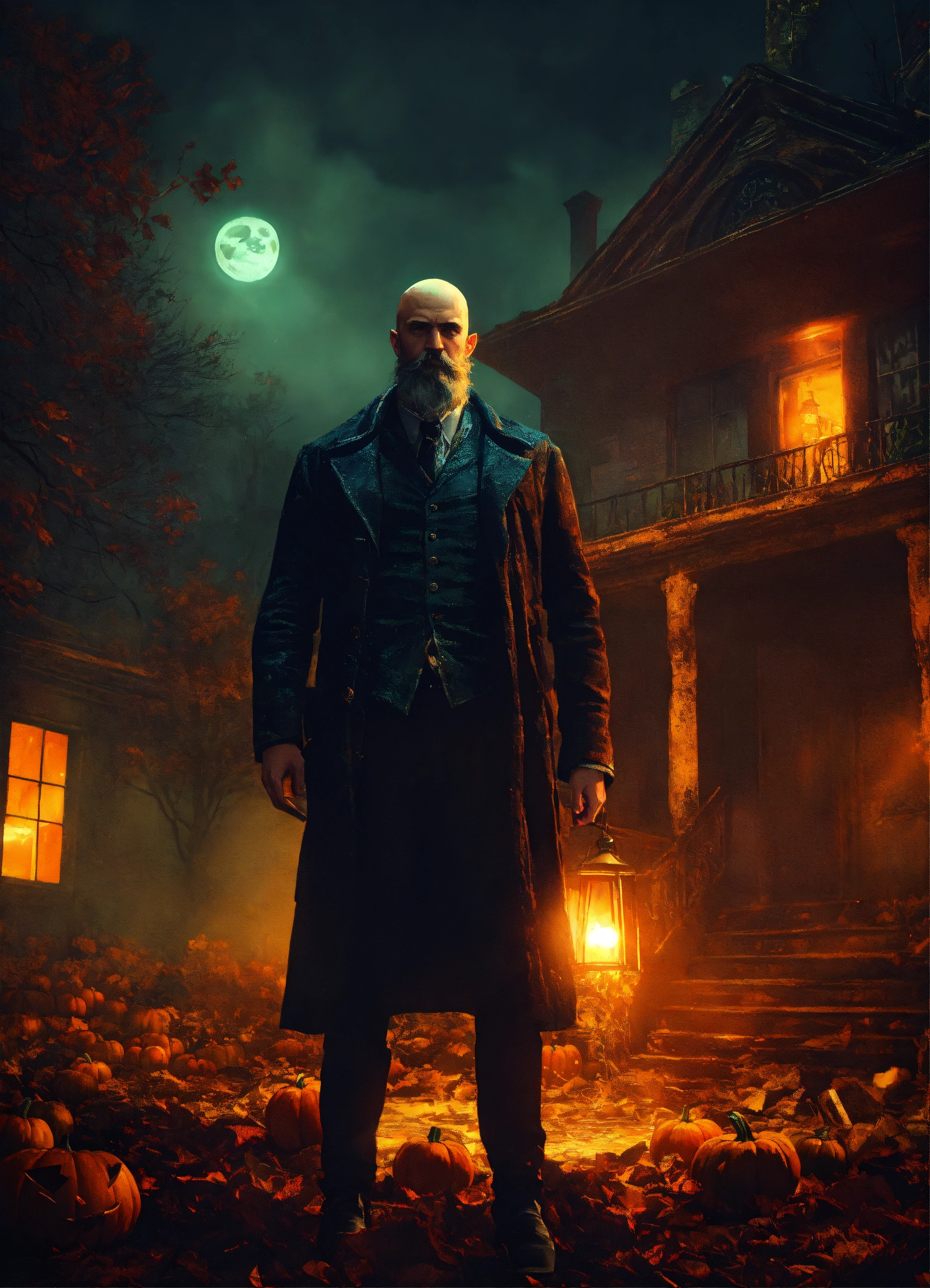 Lexica - Bald man with beard Haunted house during Halloween at night ...