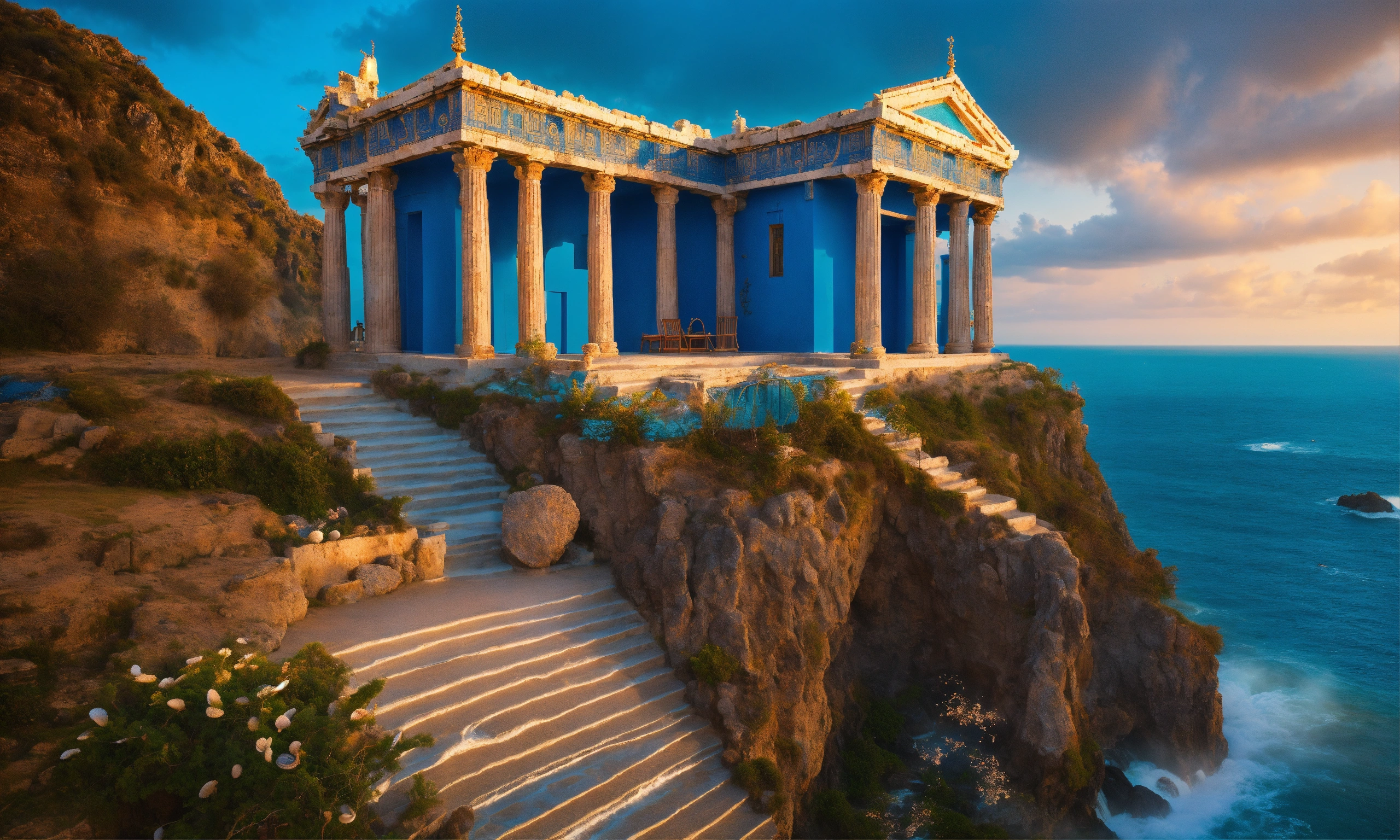 Lexica - A blue temple on a seaside cliff, dedicated to a sea goddess ...