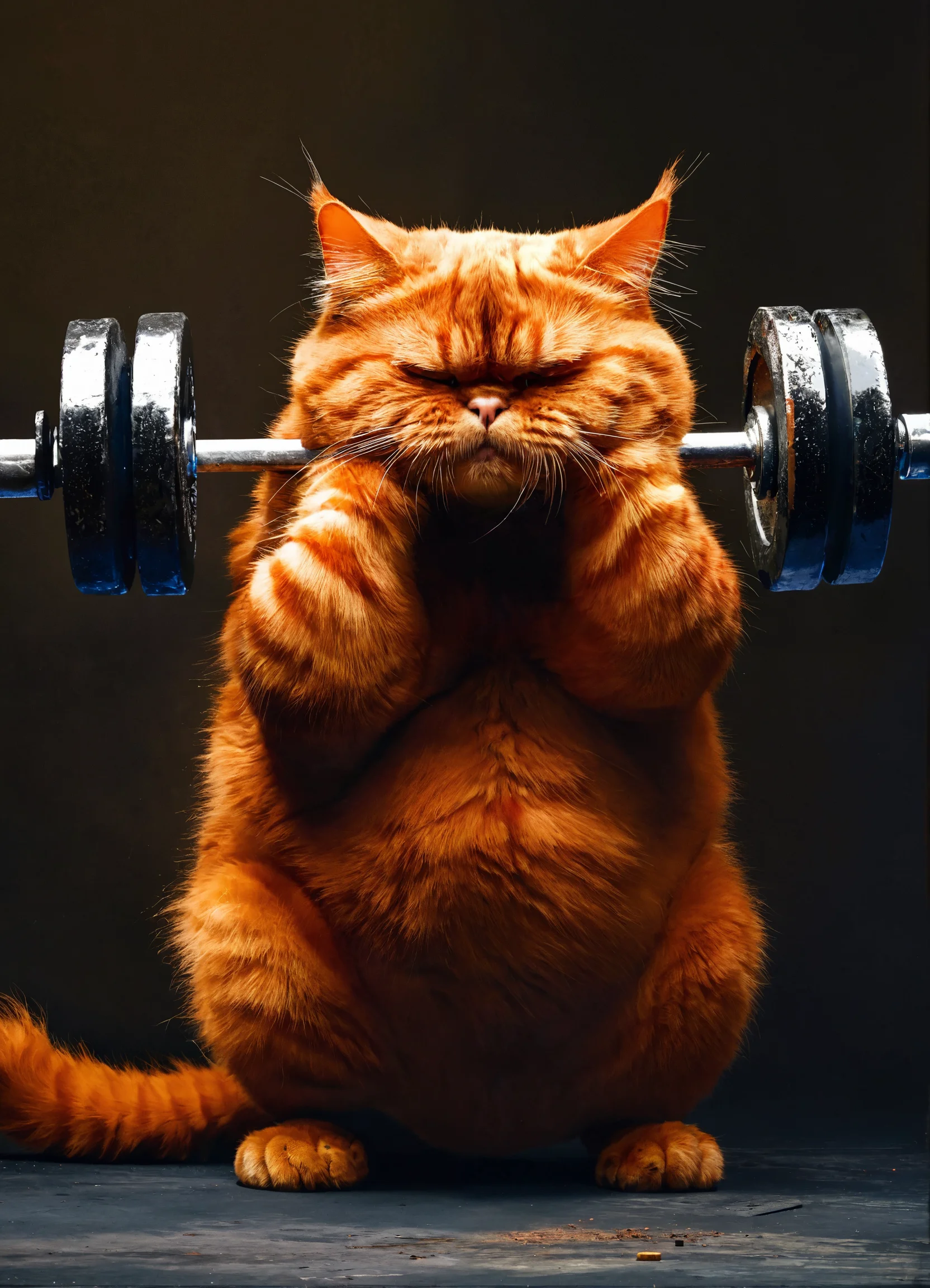 Lexica - Sad fat red cat Raises a barbell