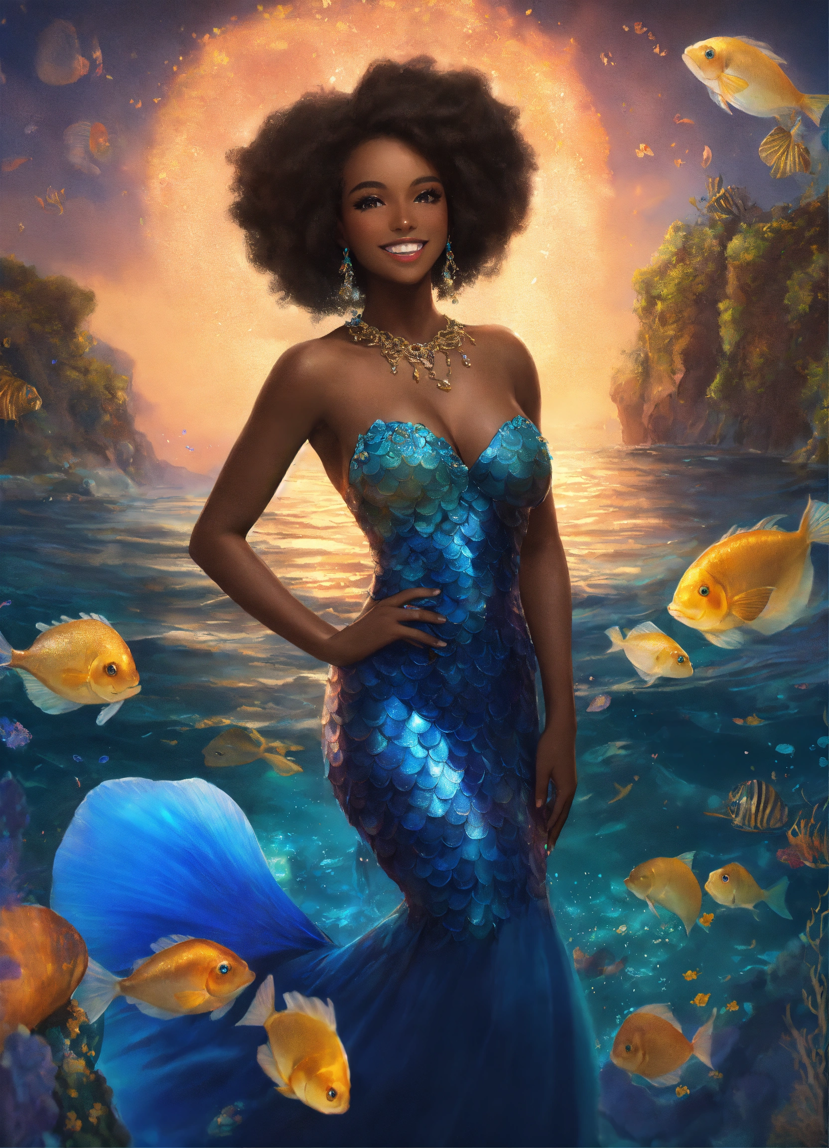 Lexica - Full body African American mermaid goddess, realistic facial ...