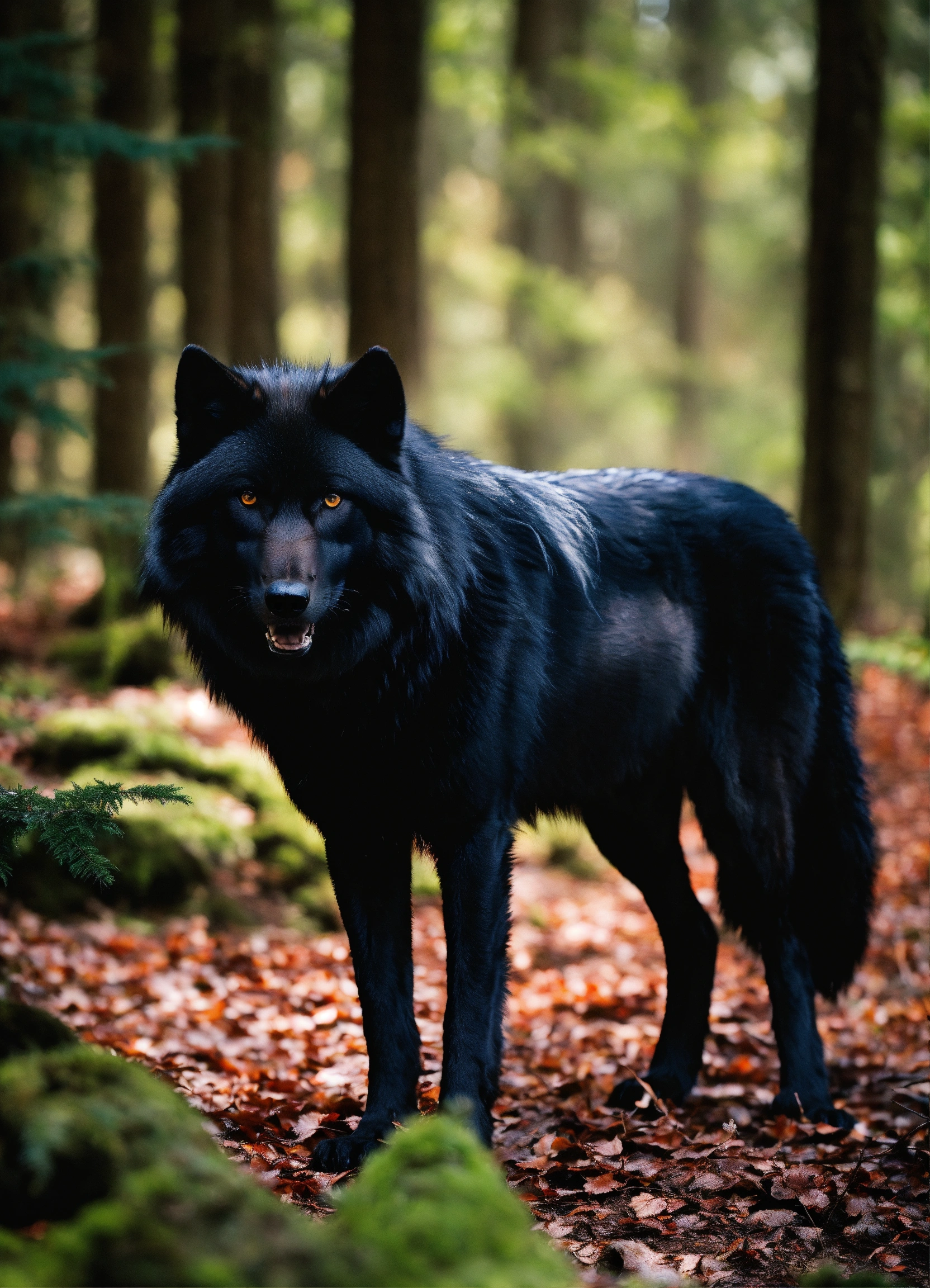Lexica - Massive, black fur, wolf, in the woods, red eyes, up close