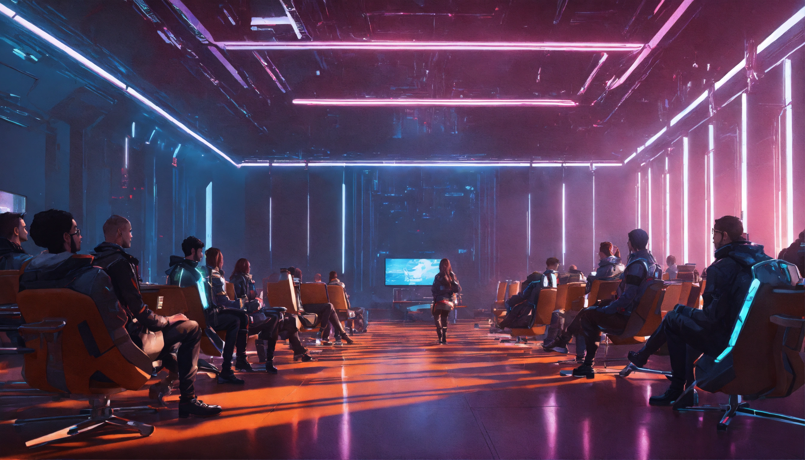 Lexica - Futuristic meeting hall, people in chairs, cyberpunk style ...