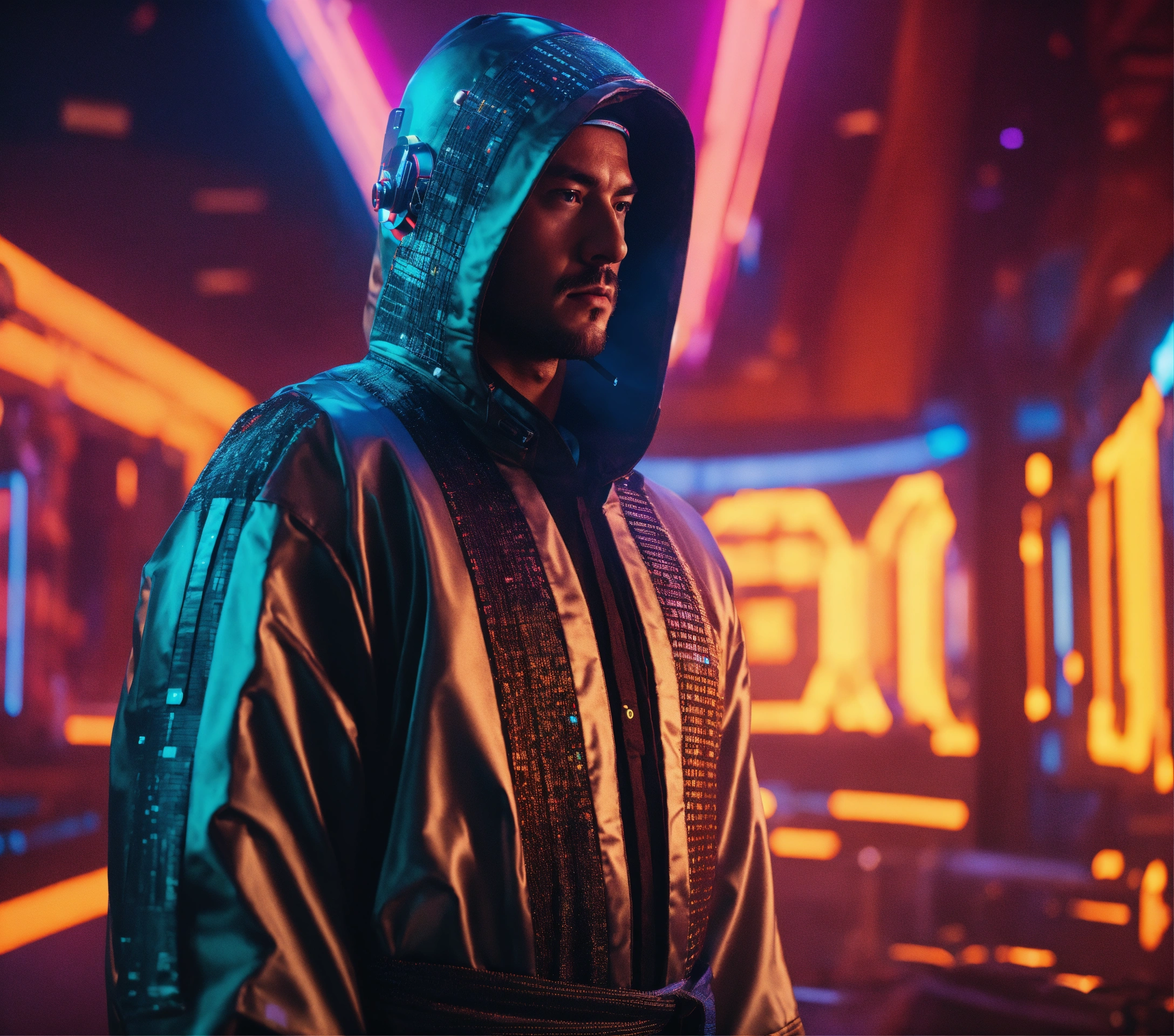 Lexica - Zoom out from a futuristic martial arts master hacker, wearing ...