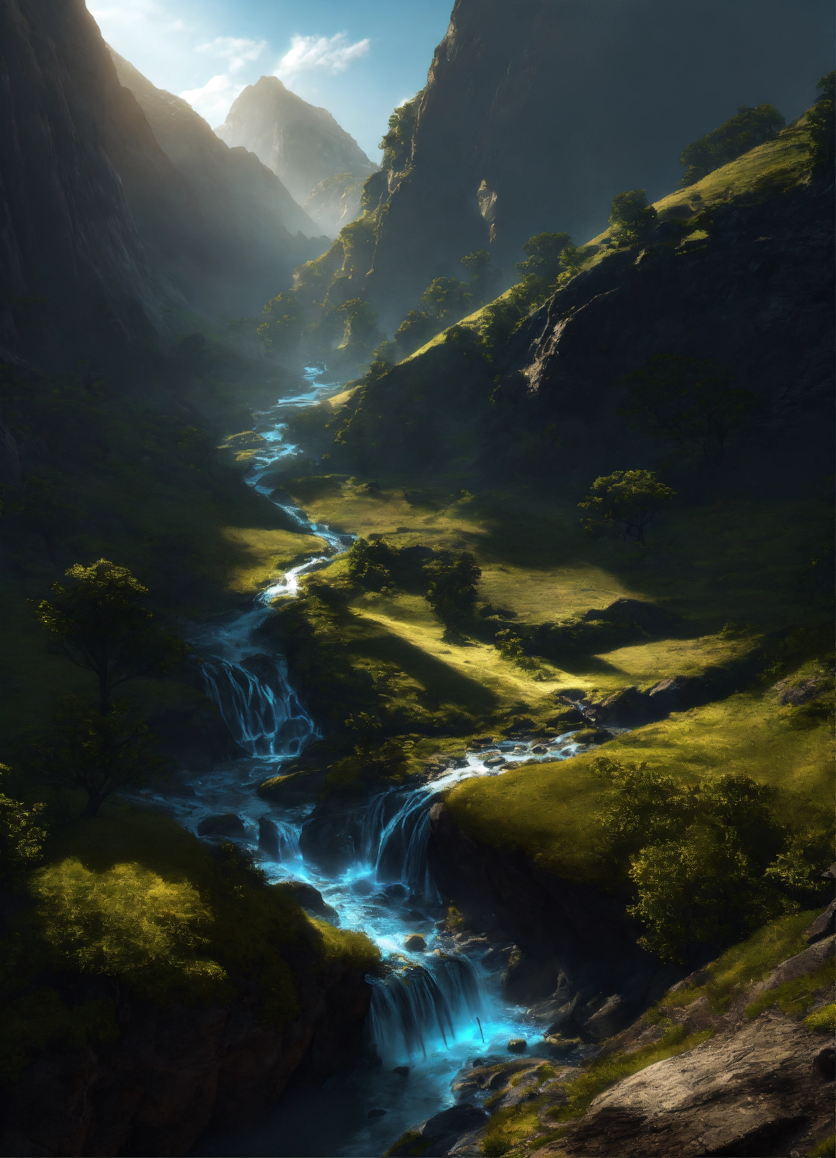 Lexica - A fantasy landscape of a shadows cascading over a hillside as ...
