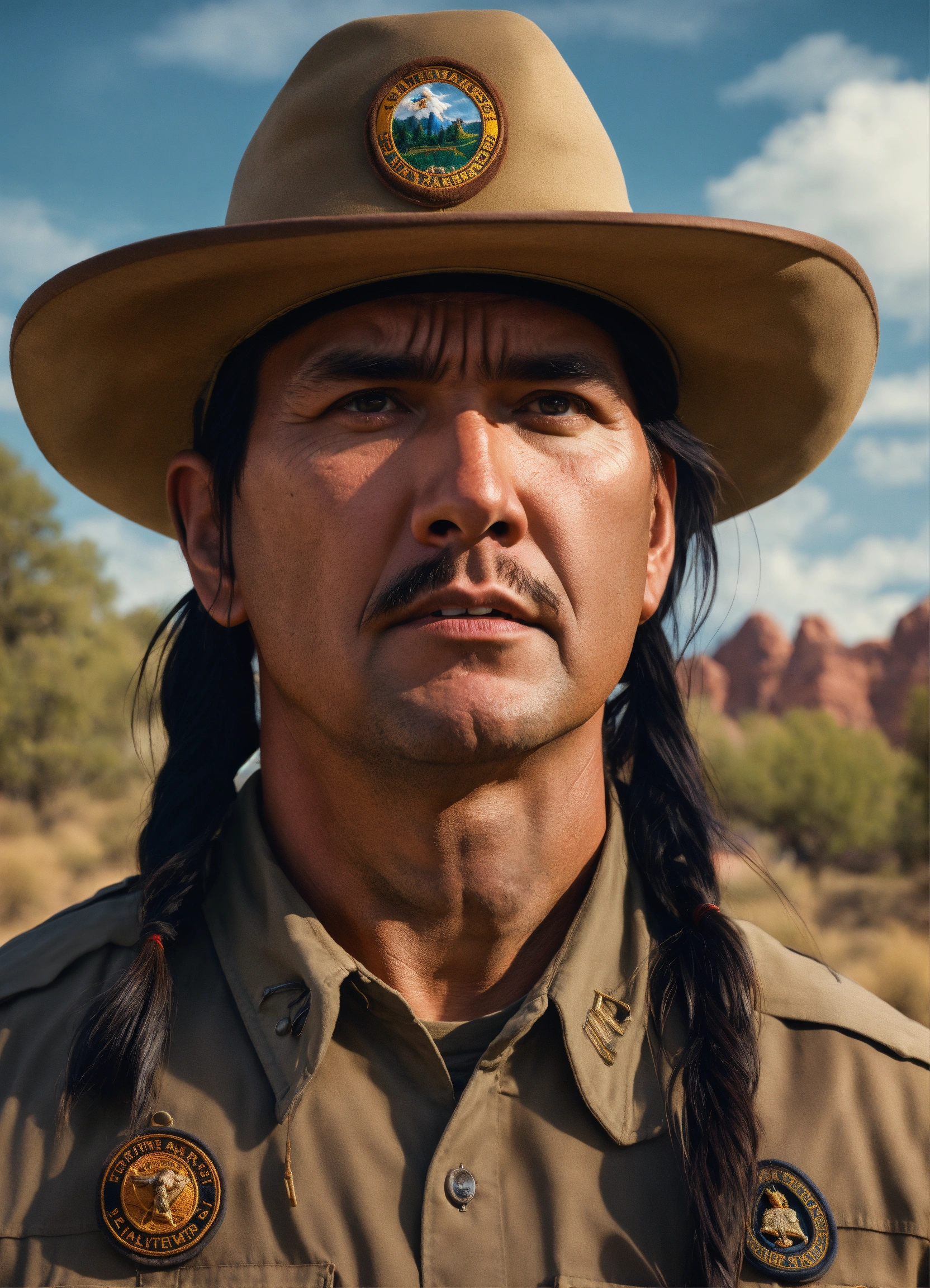 Lexica - Portrait of an native american park ranger man scared ...
