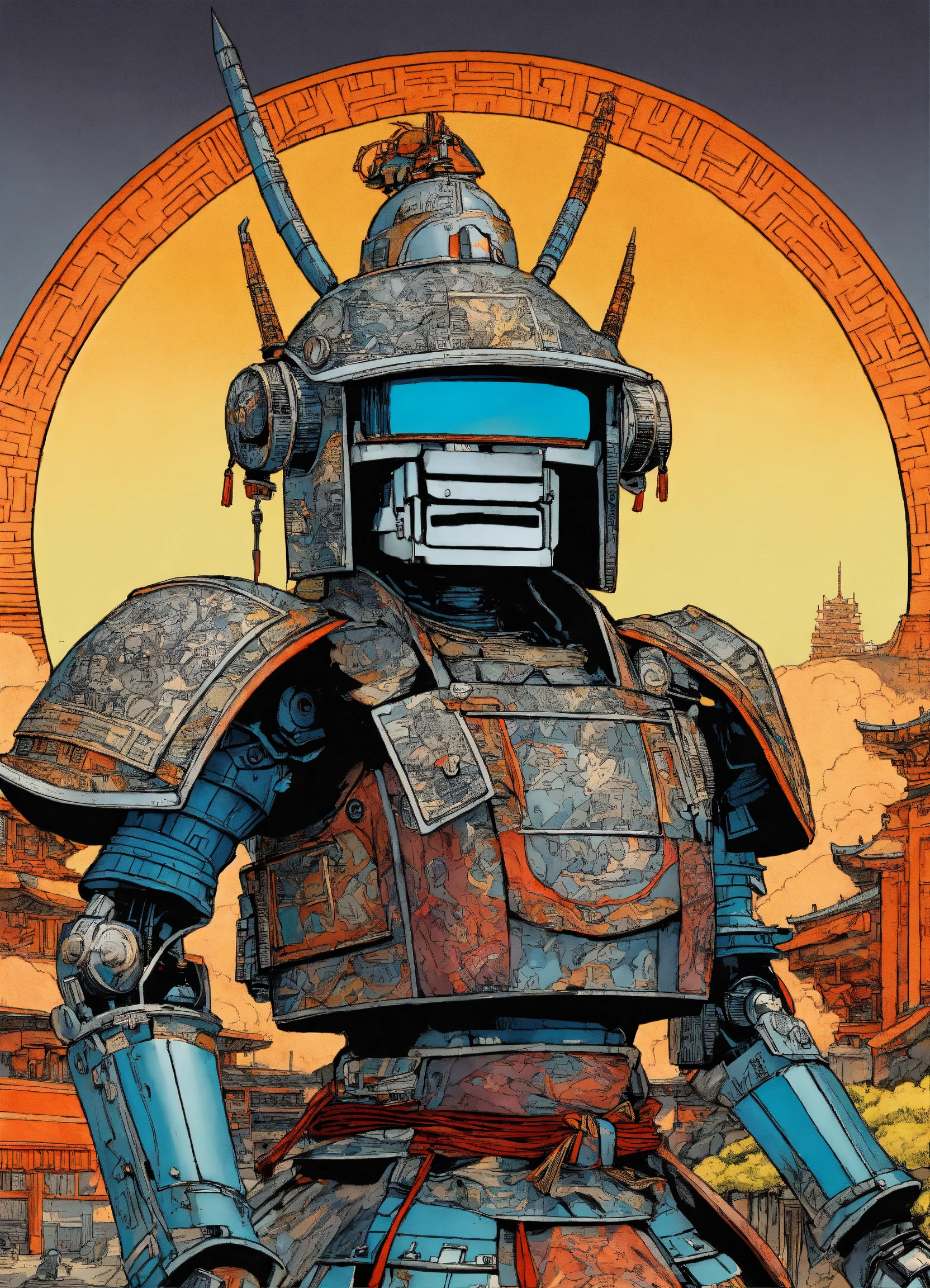 Lexica - Detailed pen and ink illustration of a samurai robot, head ...