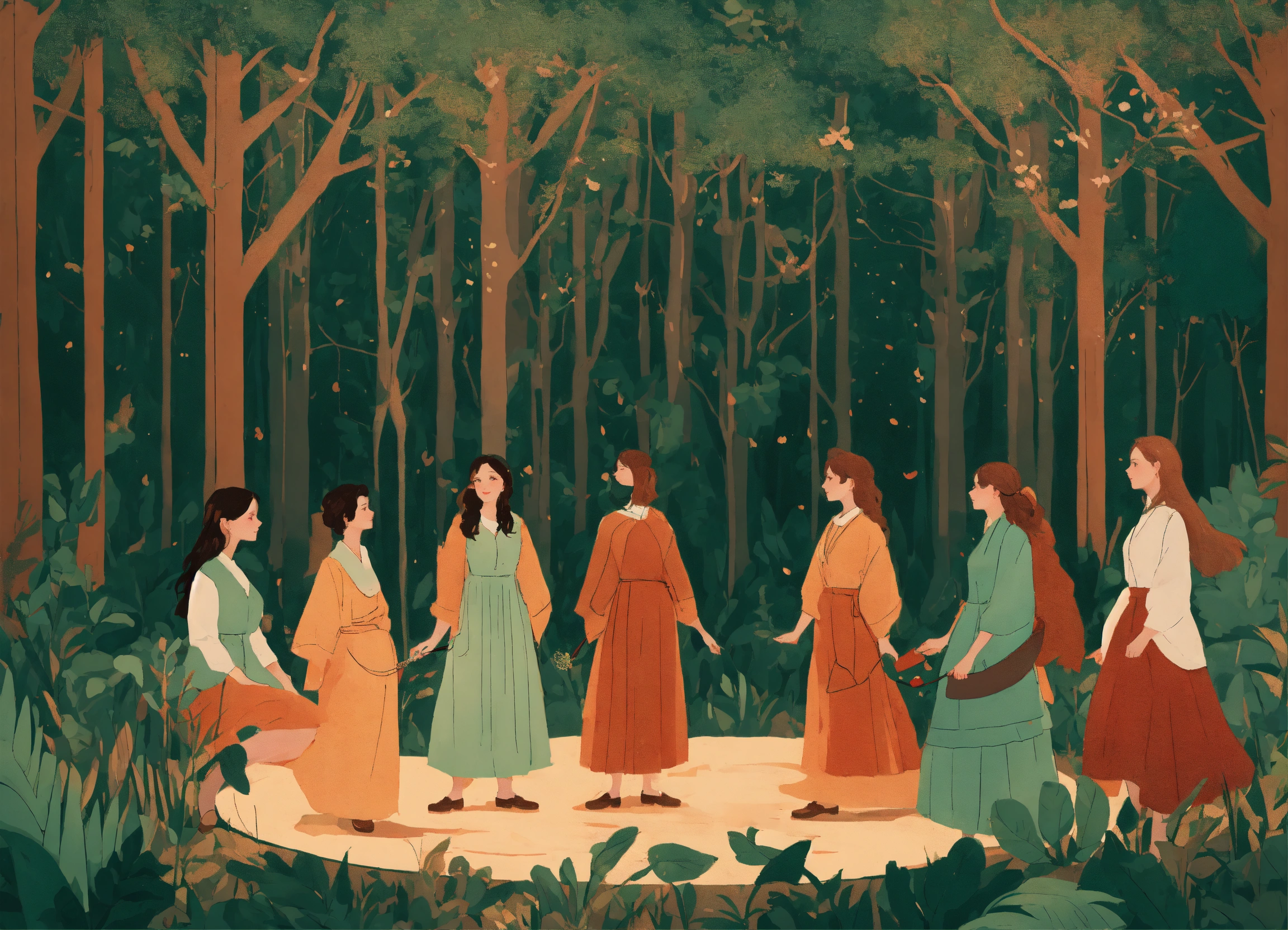 Lexica - Illustration of a group of women in a circle, forest theme