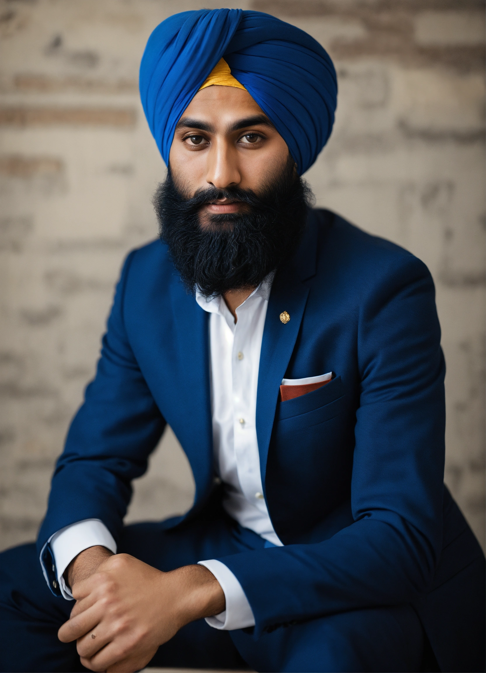 Lexica - Sikh male with indigo turban, wearing business suit, and with ...
