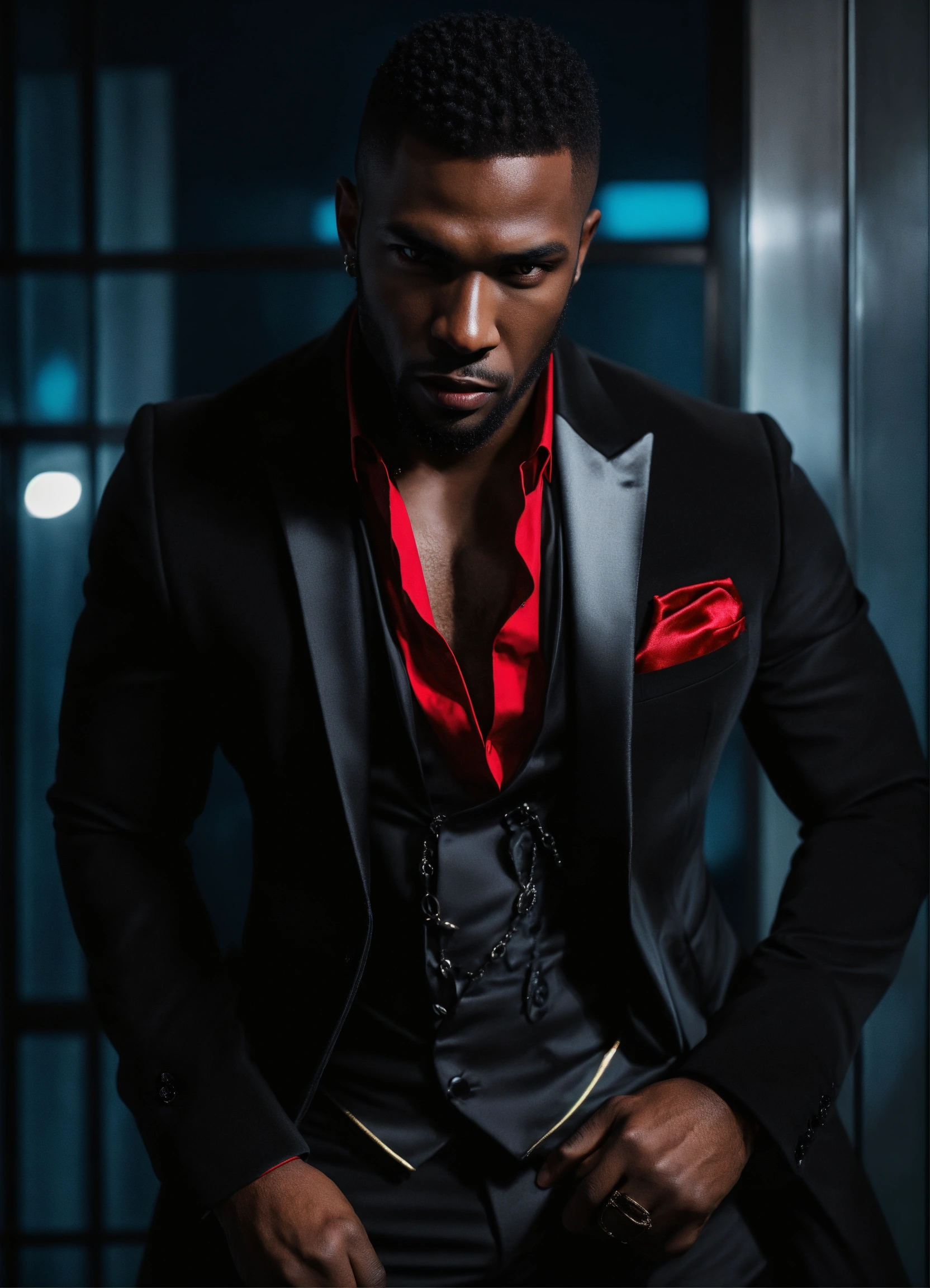 Lexica - Handsome black man, vampire with red eyes, black suit