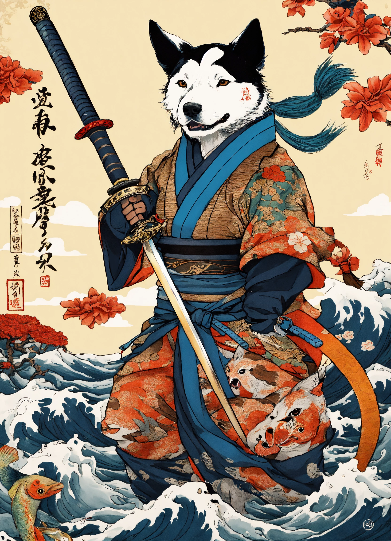 Lexica - There is a dog with a fish and a sword on a white background ...