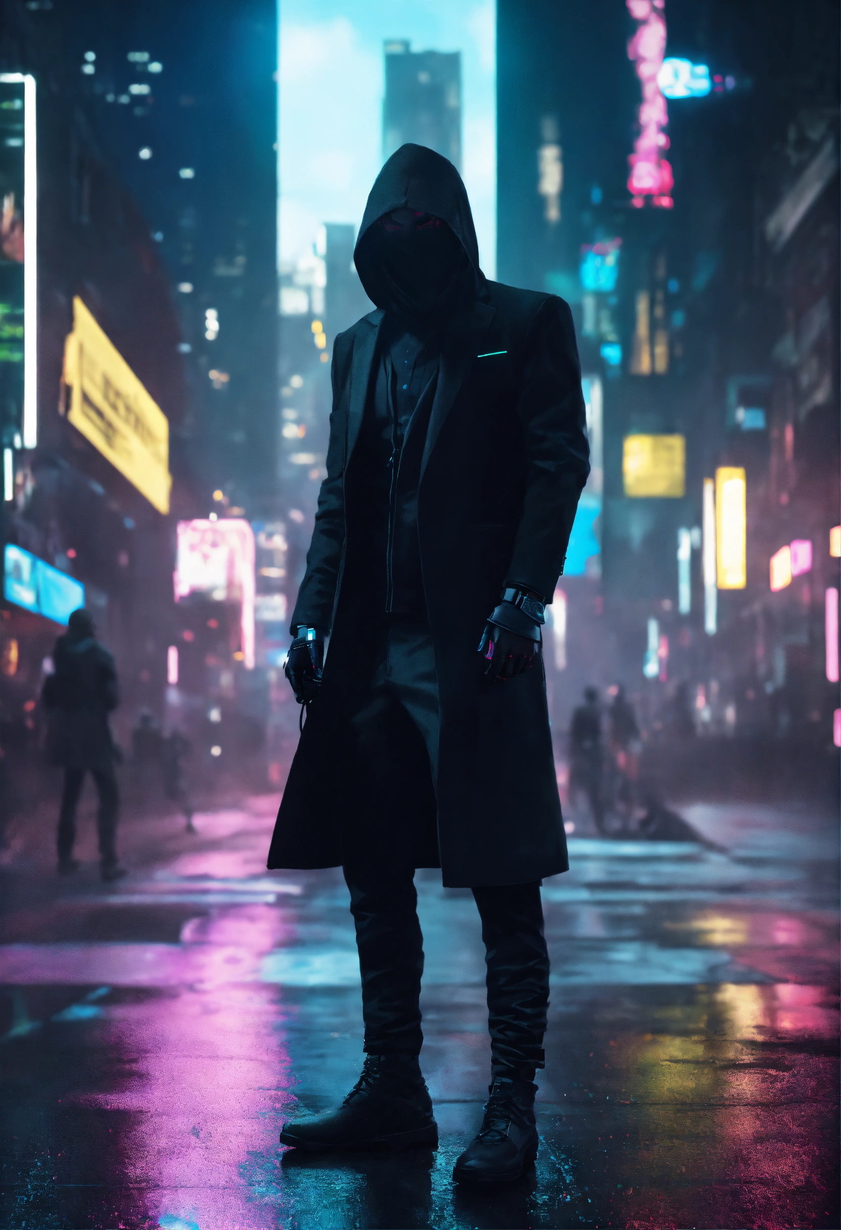 Lexica - Anonymous, Cyberpunk Hacker, Wearing Black Suit, Cinematic, 4k, Zoom Out