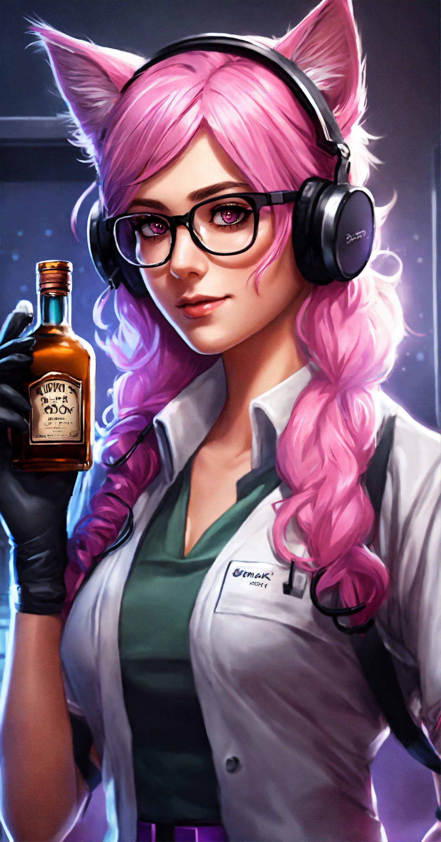 Lexica - Female doctor, with long pink hair, with cat ears color black ...