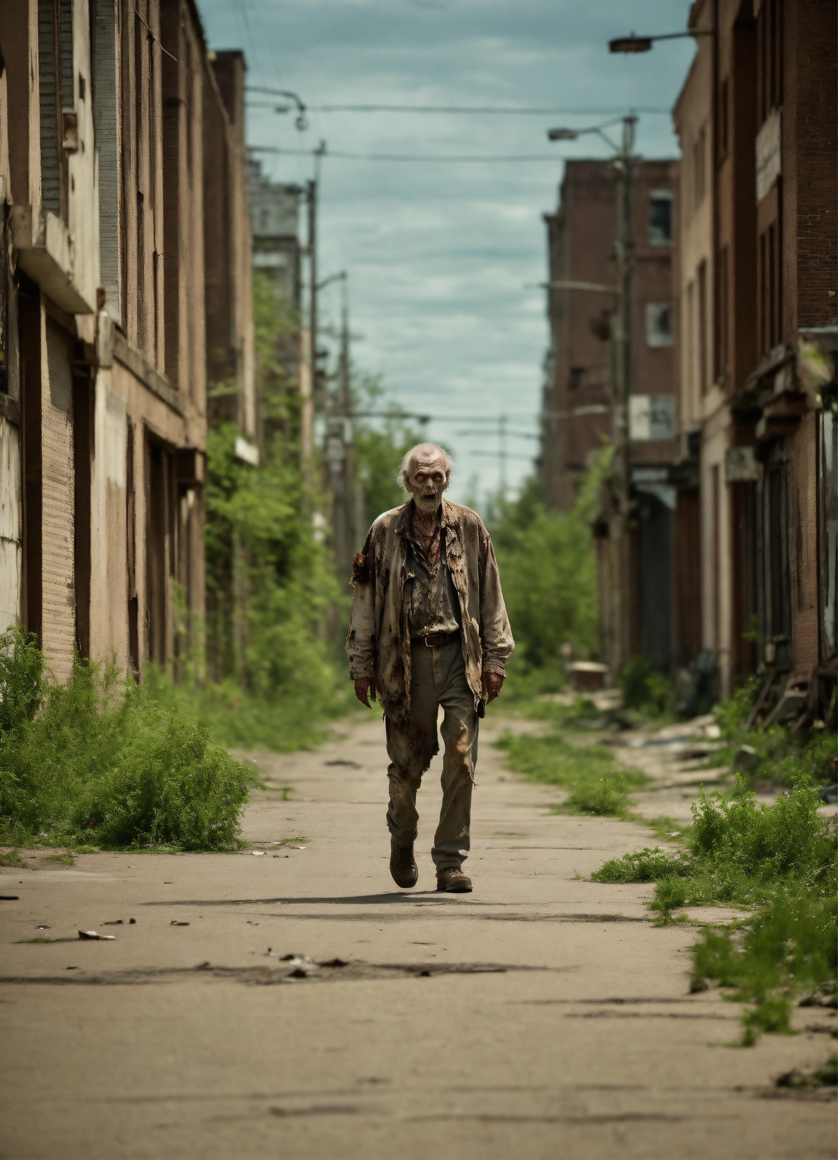 Lexica - Photo of a desolate urban street with an aged zombie wandering ...