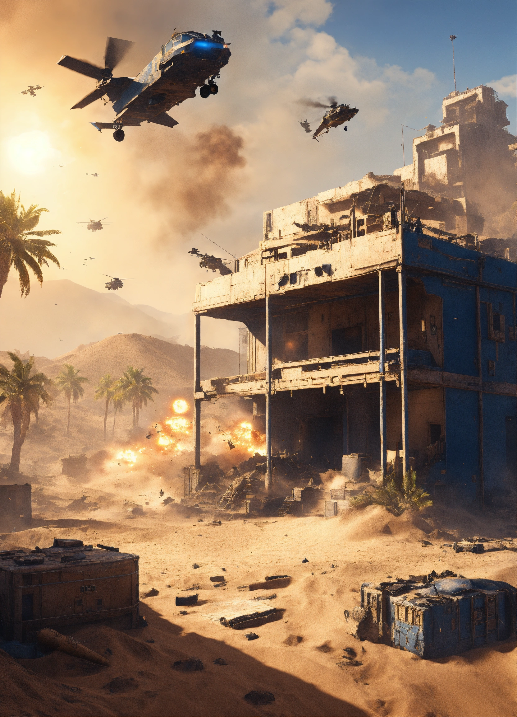 Lexica - Warzone map call of duty, blue sky, sand, explosions