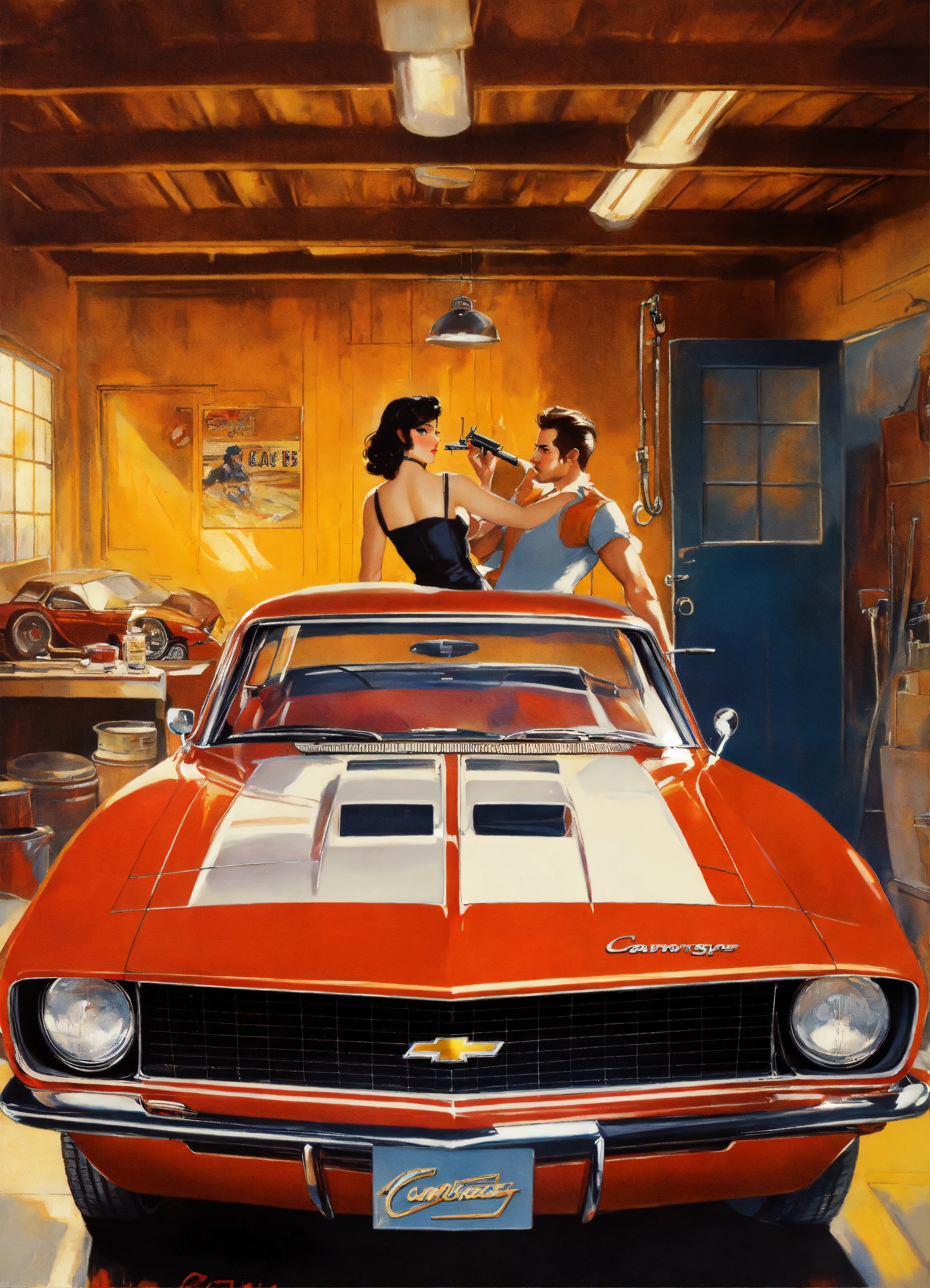 Lexica - Garage scene, vintage atmosphere, with a chevrolet camaro ...