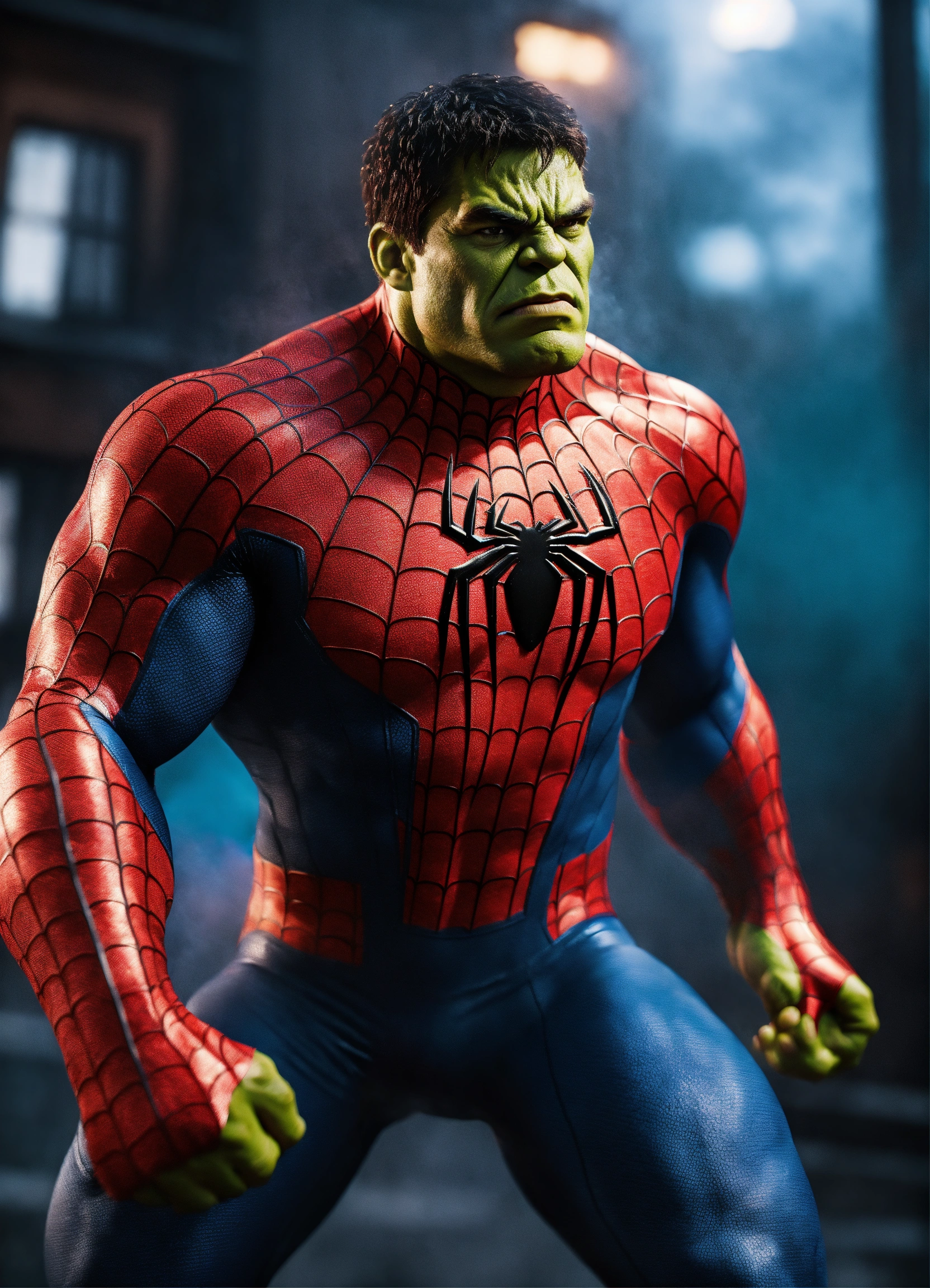 Lexica - Hulk spiderman hybrid hero, 8k mist, cinema still action shot