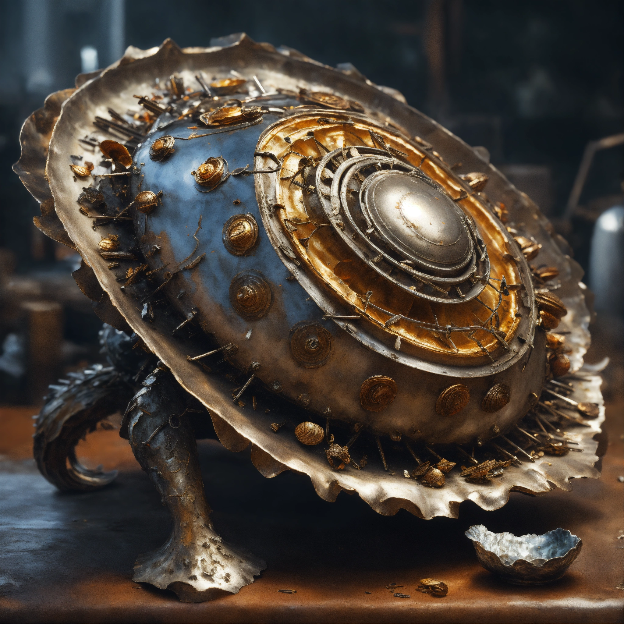 Lexica - Concept art of an oyster covered in metal scrap guns armor ...