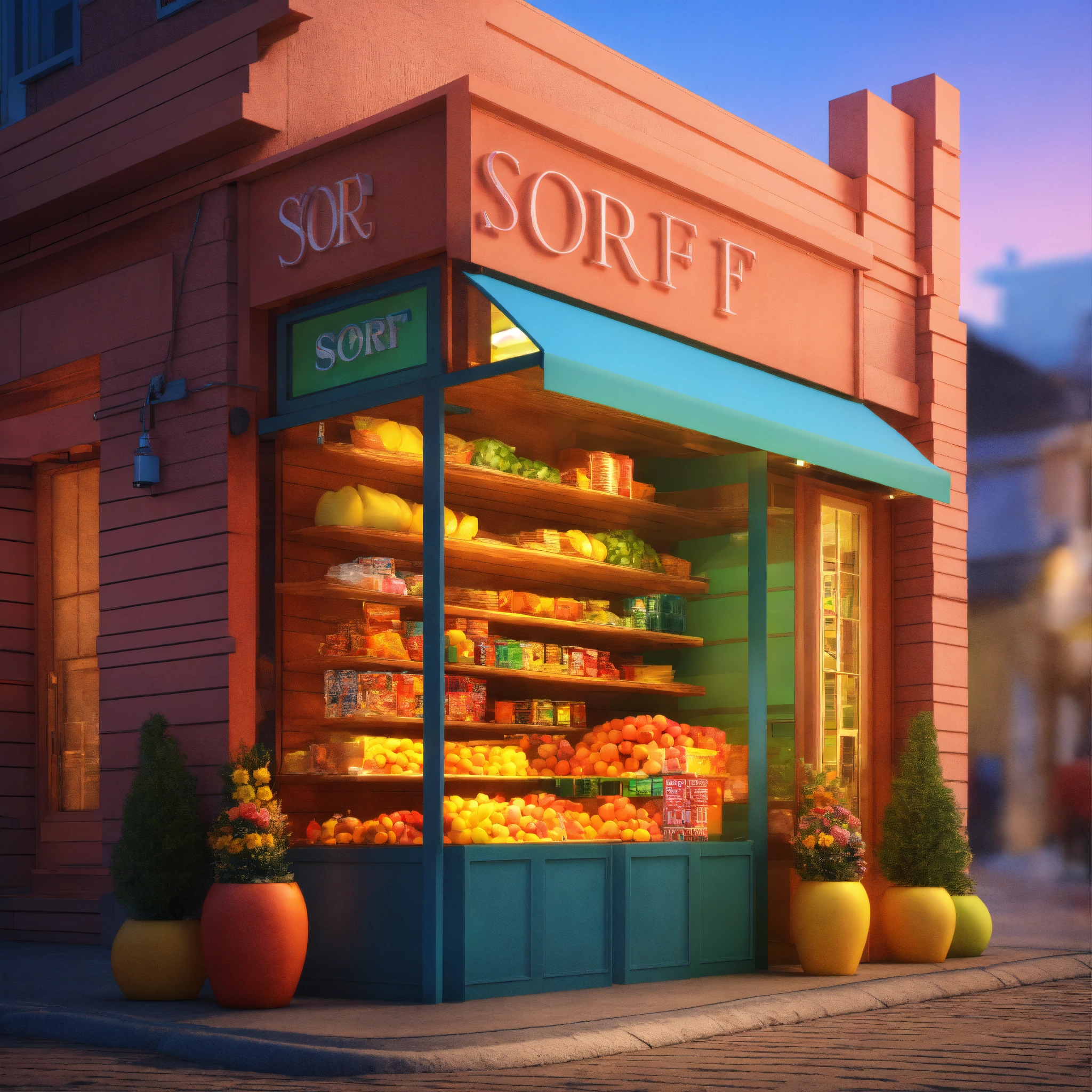 Lexica - Store outside , 3D render, " sorf color" , lighting ...