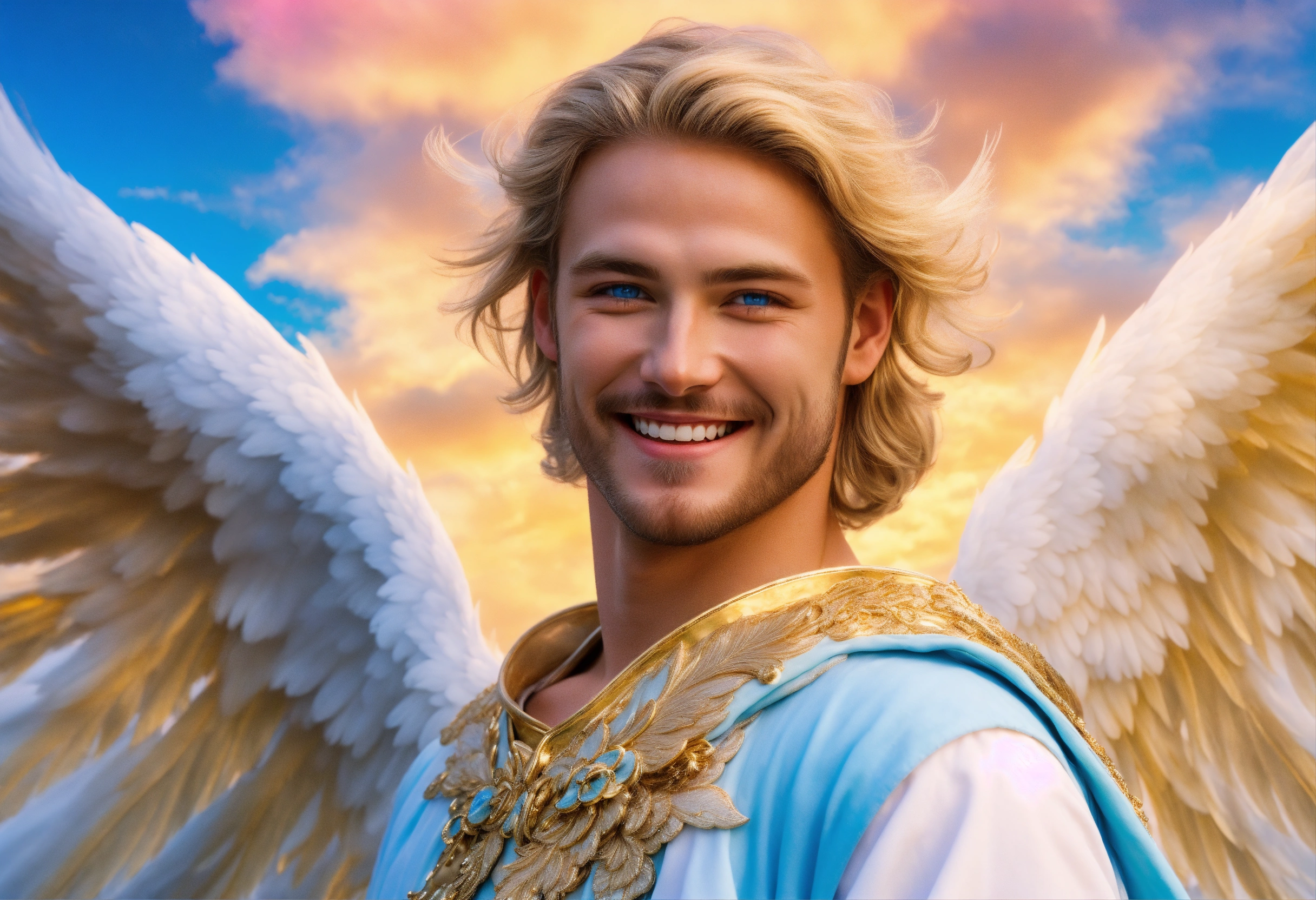 Lexica - Angel man blond blue eyes, large angel wings, fantasy clothes in the colors white, blue ...