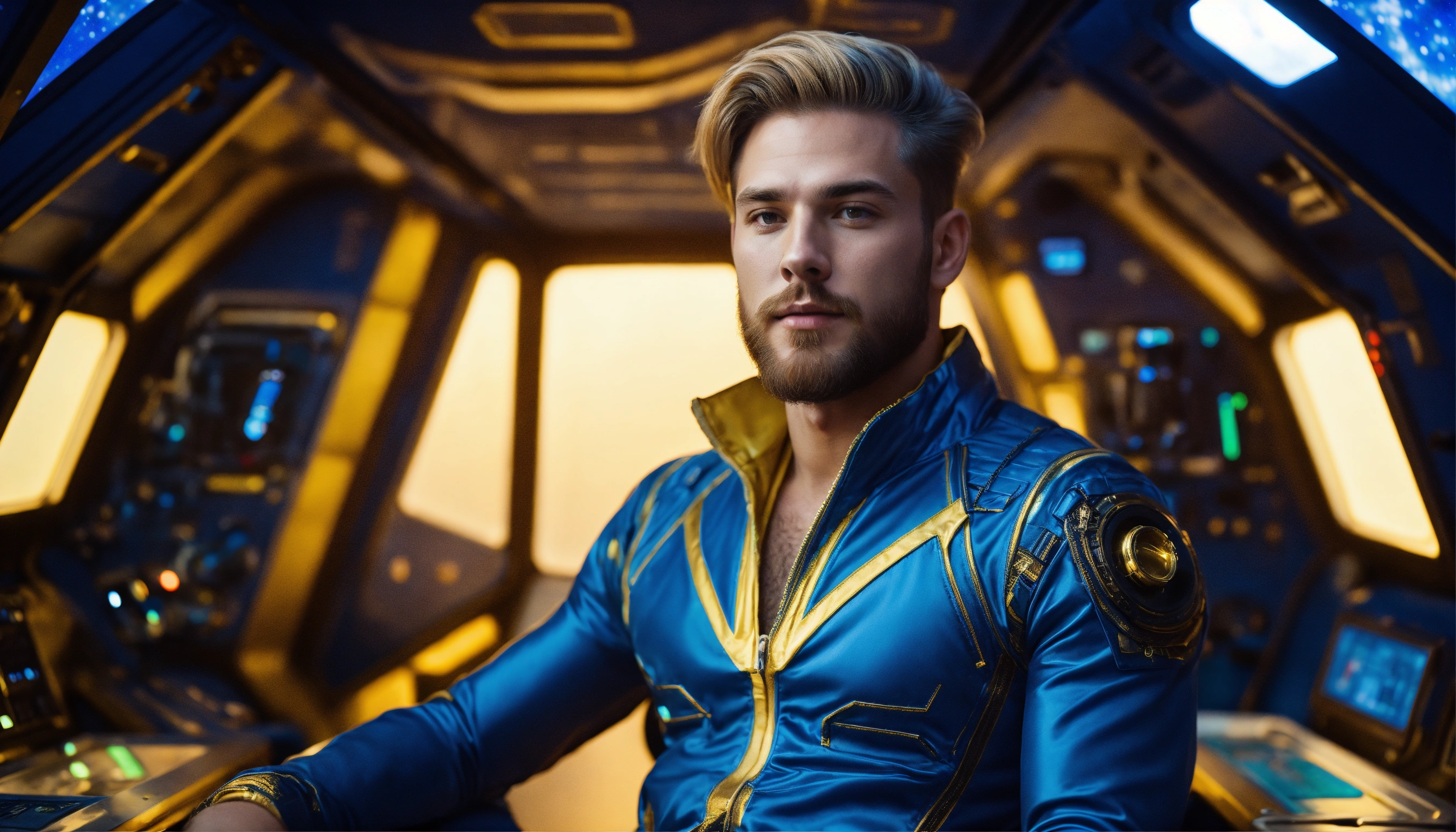 Lexica - Handsome galactic man in blue and gold jumpsuit, long light ...