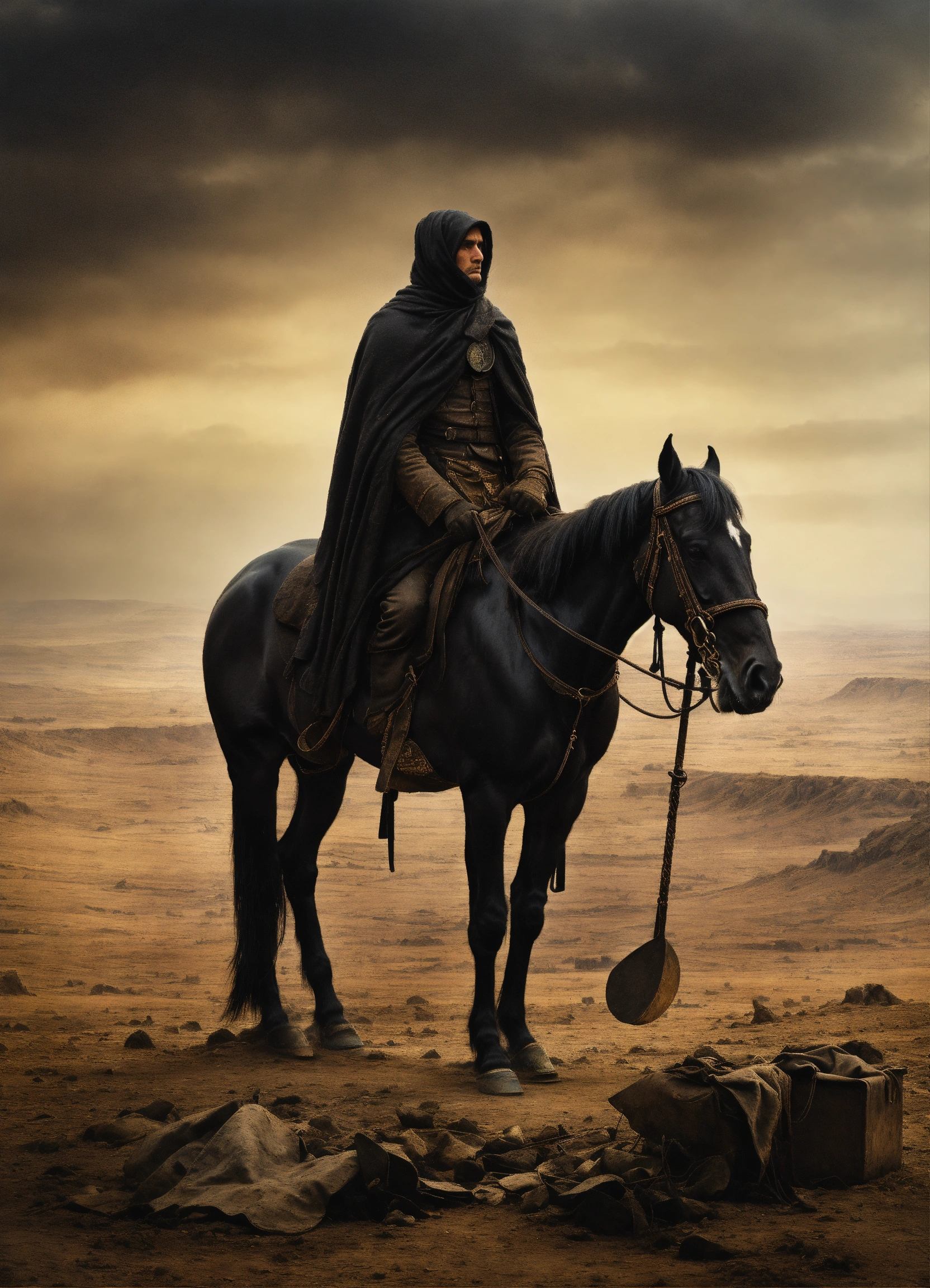 Lexica - Depict the horseman on a black steed, holding a pair of scales ...