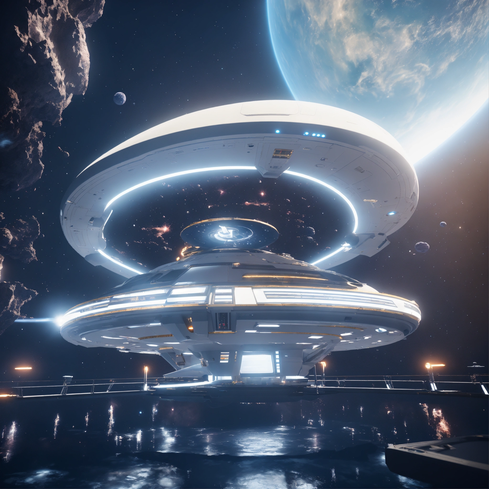 Lexica - Space yacht flies through a beautiful docking port on a white ...