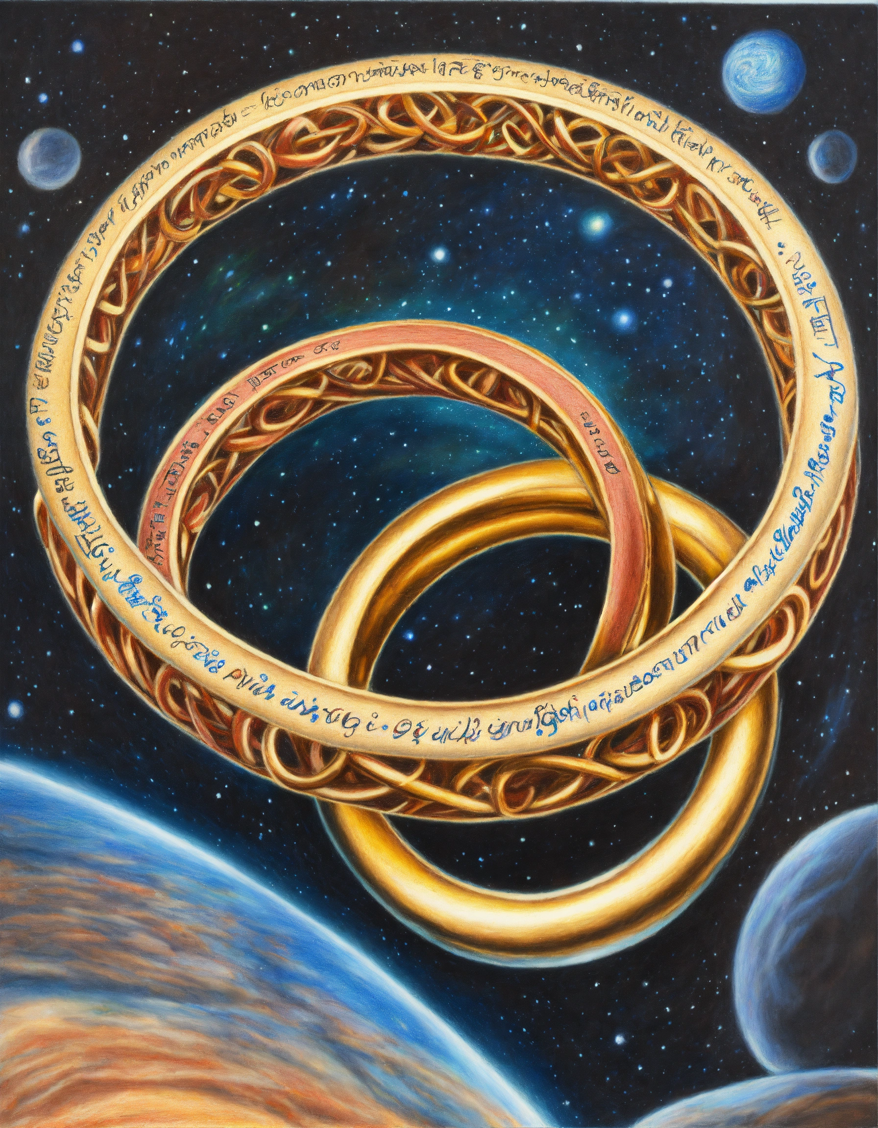 Lexica - Realistic colored pencil drawing of two large gold rings ...