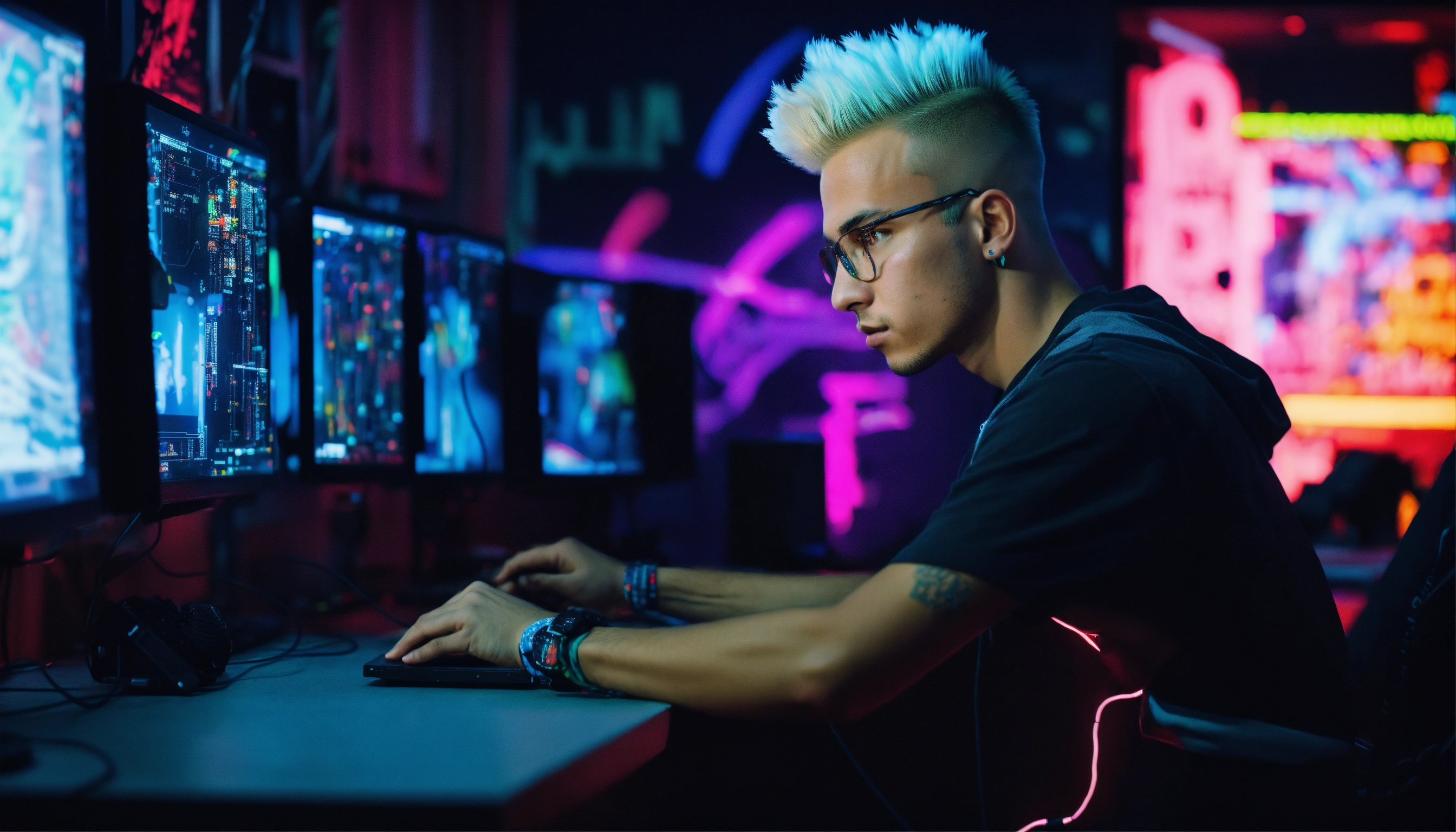 Lexica - Young male master programmer artist with white faux hawk ...