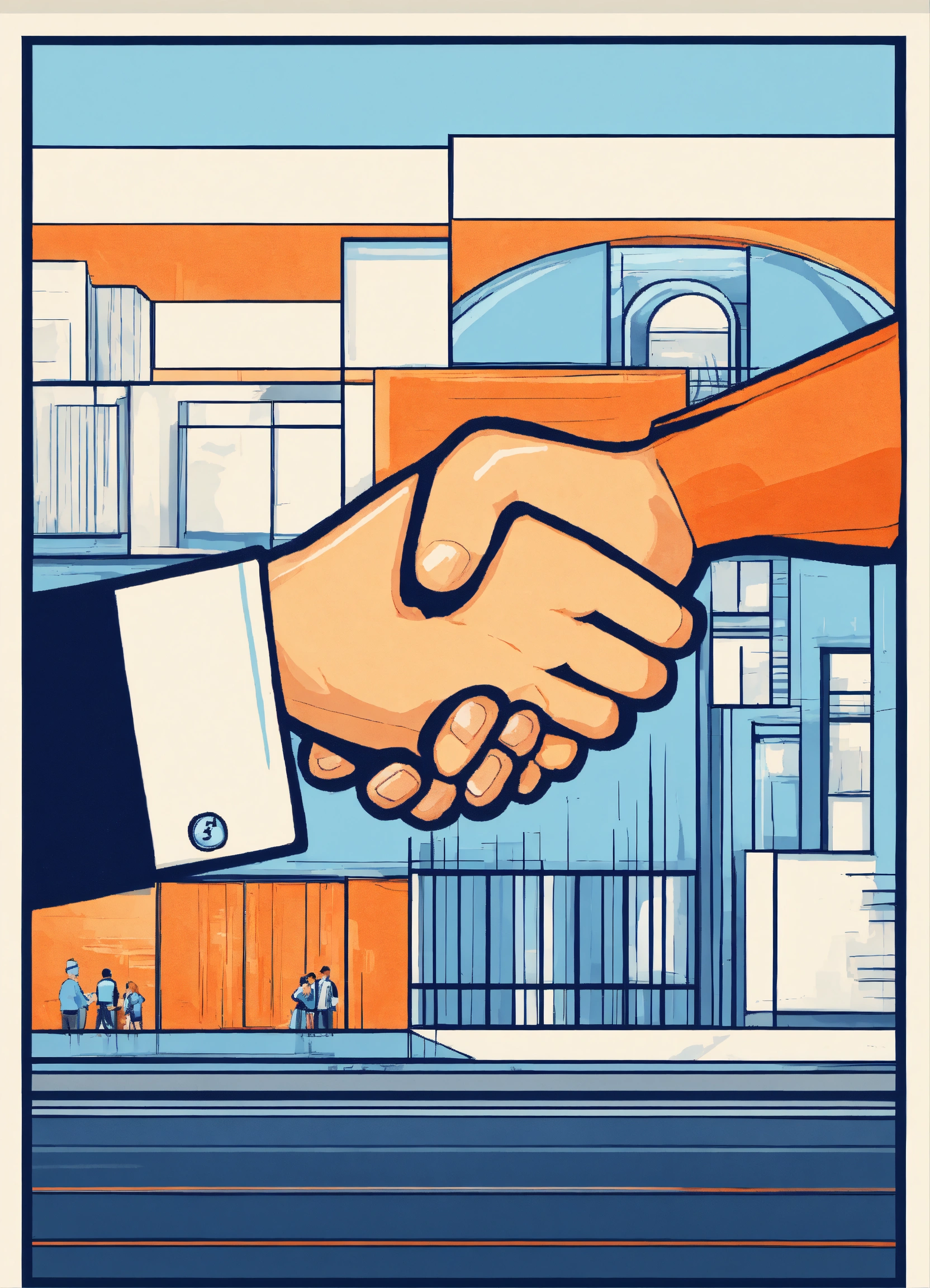 Lexica - Handshake cartoon style, color blue-white, orange, black
