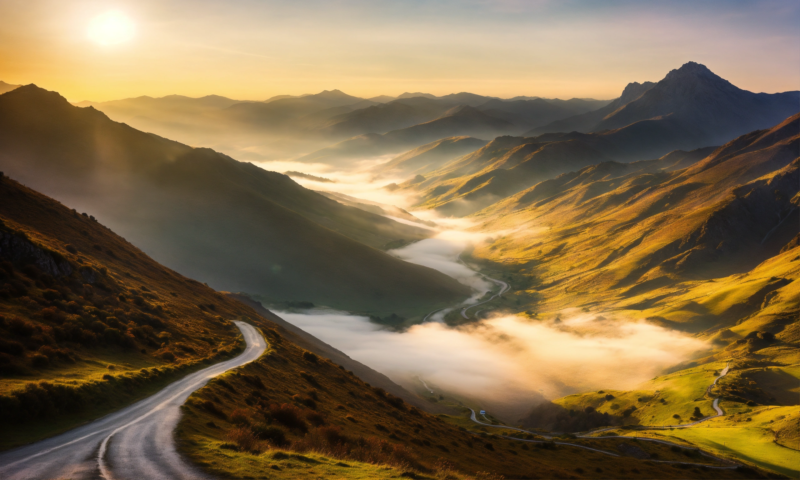Lexica - A picturesque view looking over a valley with mist at the ...