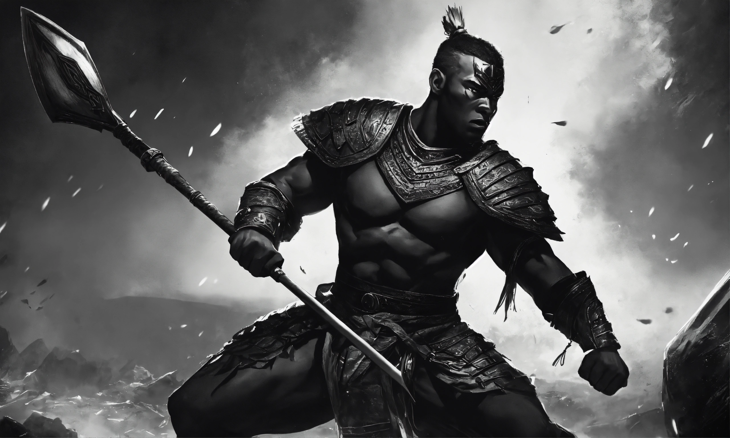 Lexica - Black and white illustration of 22 year old evil black warrior ...