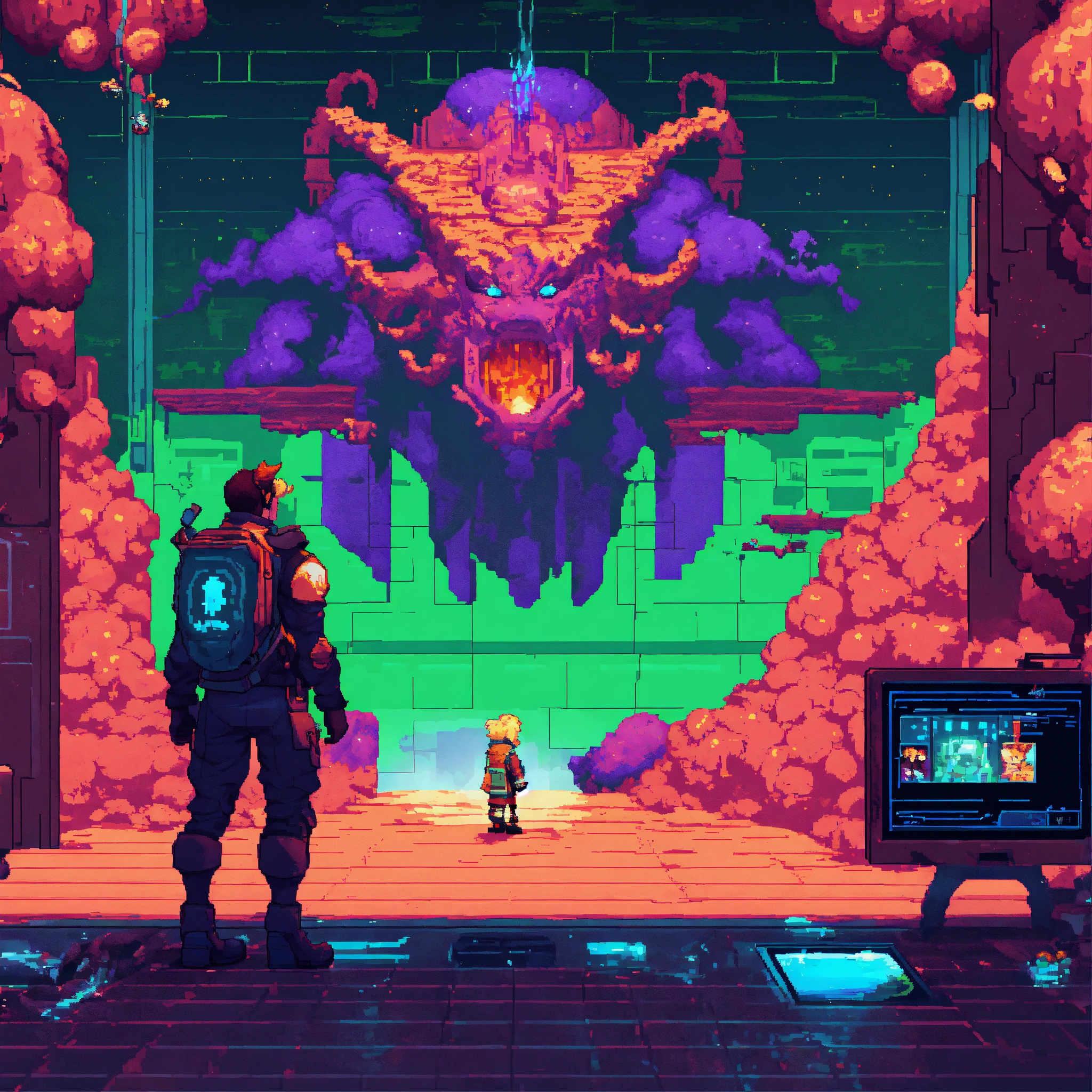 Lexica - Futuristic pixel art with a guy looking at a final boss monster