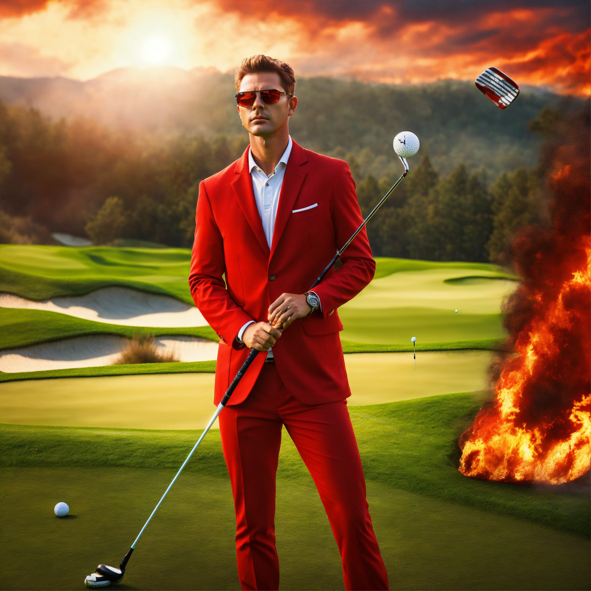Lexica - 4k hd ultra realistic man red blazer, sunglasses. Holding golf ...