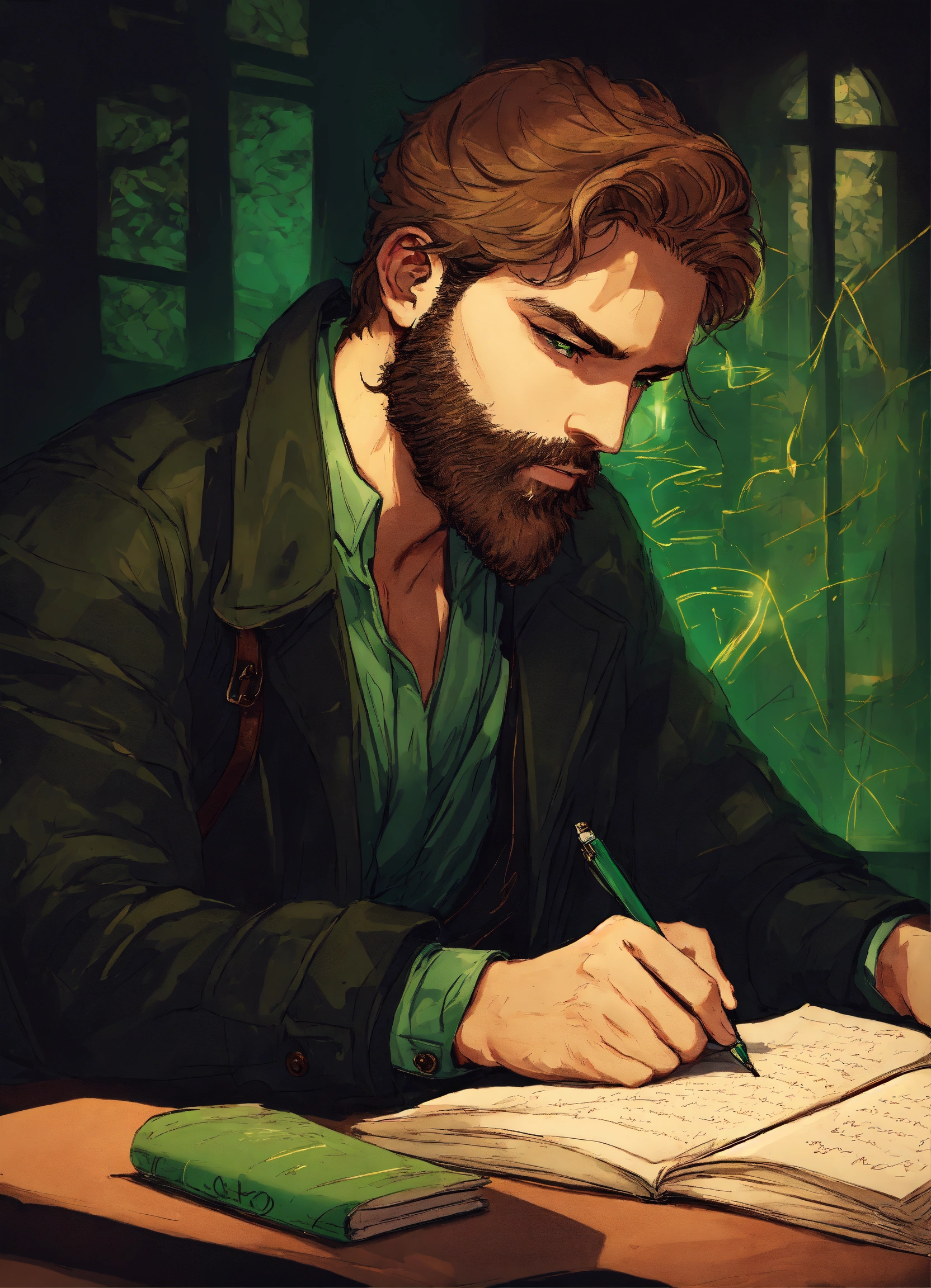Lexica - Dark illustration showing man with green eyes light scarce ...