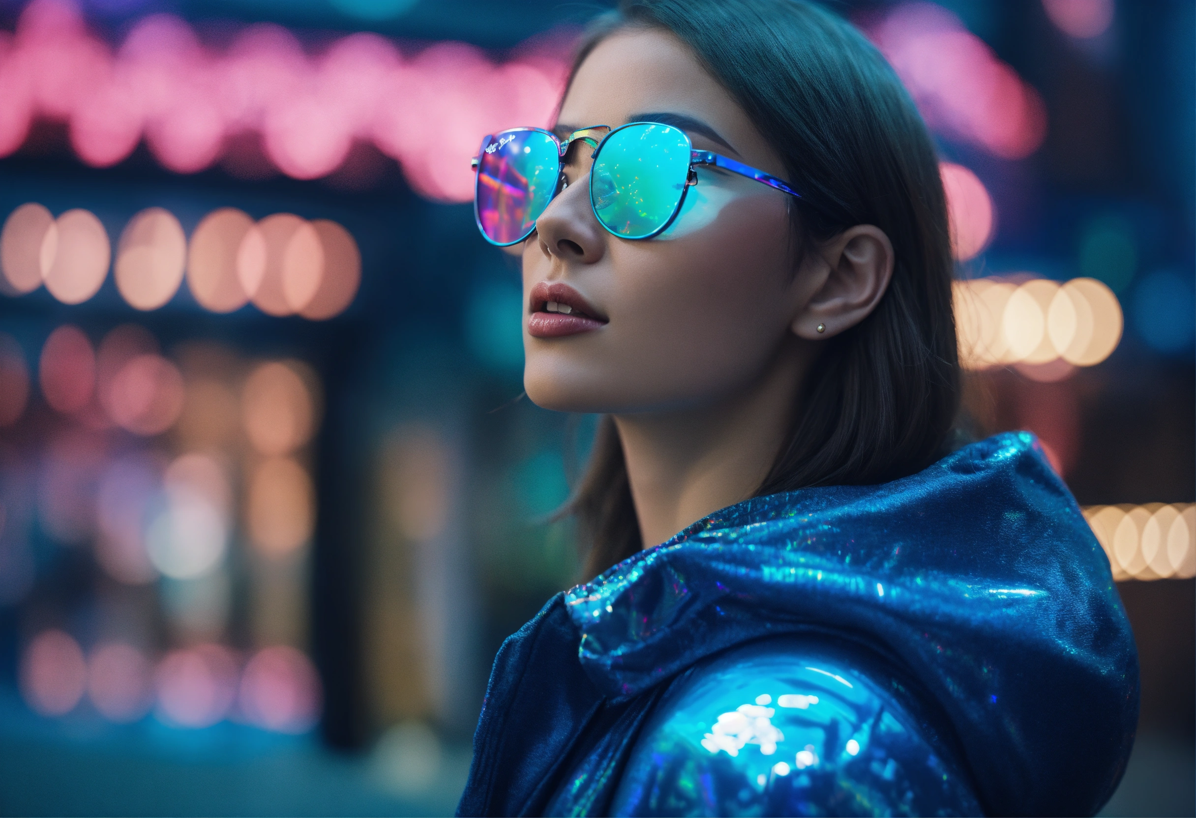 Lexica - Text woman wearing smart rayban glasses, holographic display ...