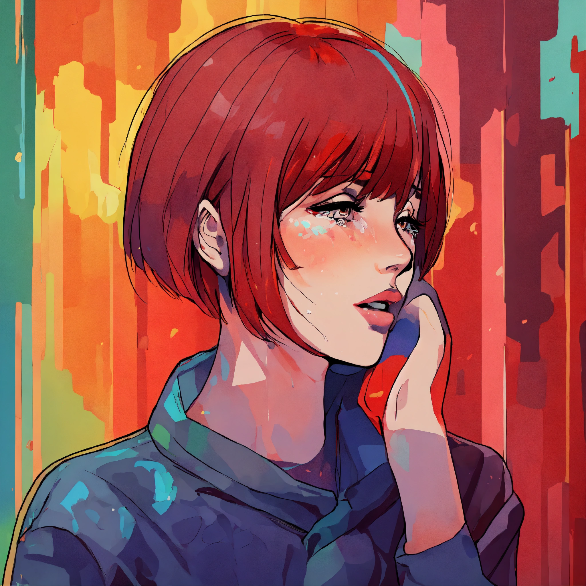 Lexica - Woman with red-brown straight short hair, depression, crying ...