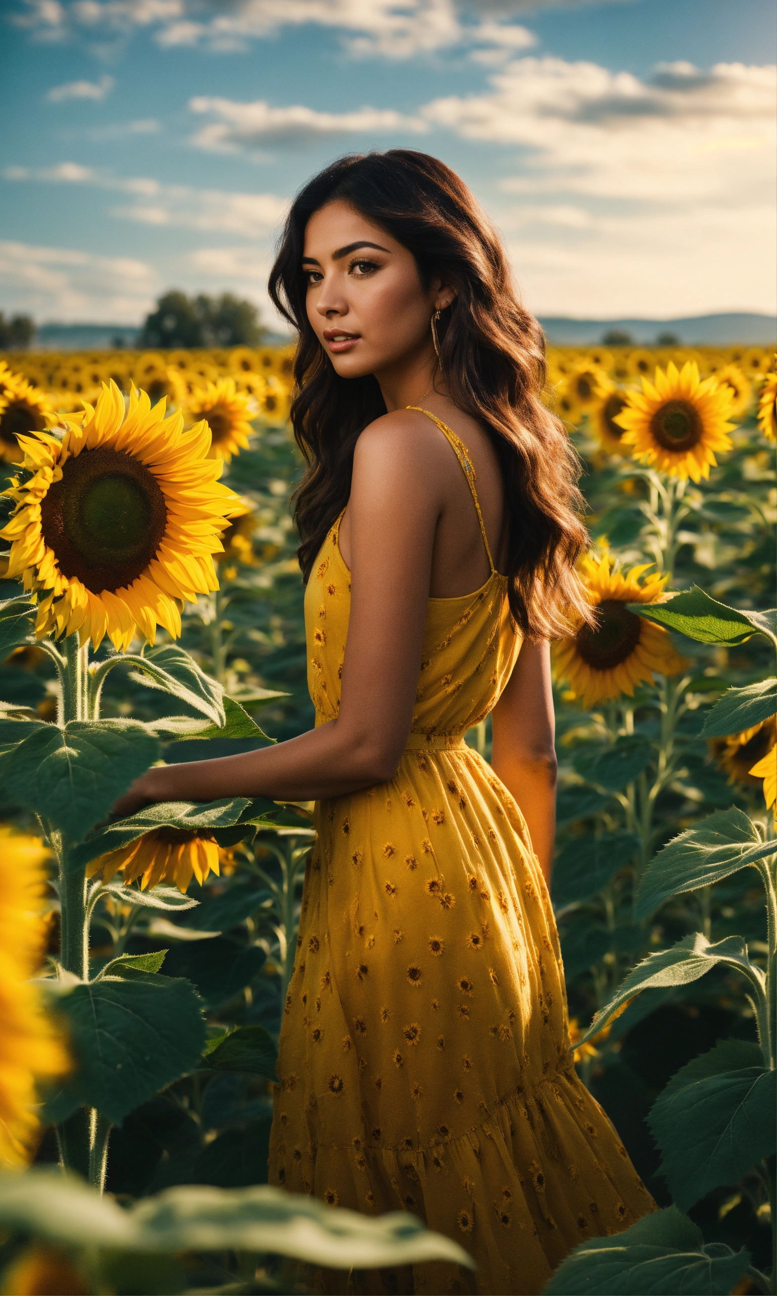 Lexica - Cinematic photo of beautiful Latina woman in sunflower field ...