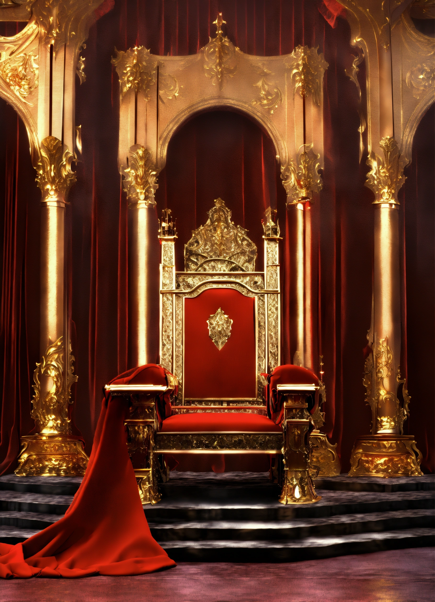 Lexica - Realistic, a golden and scarlet throne, in the throne room ...