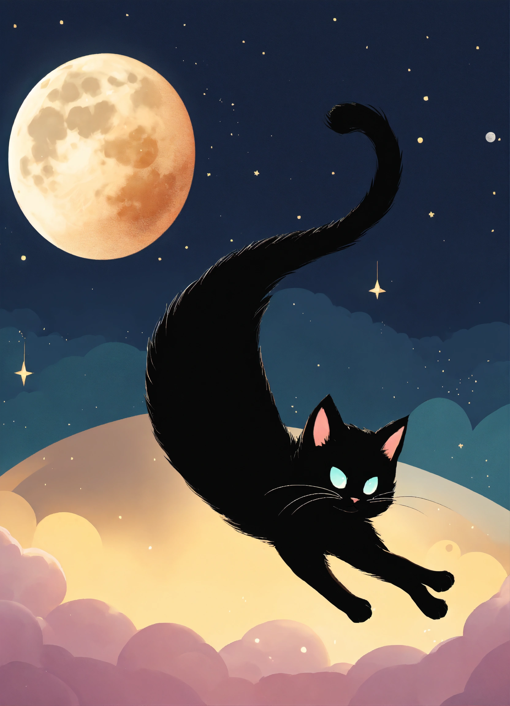 Lexica - Cute chibi black cat performing a somersault in front of the moon