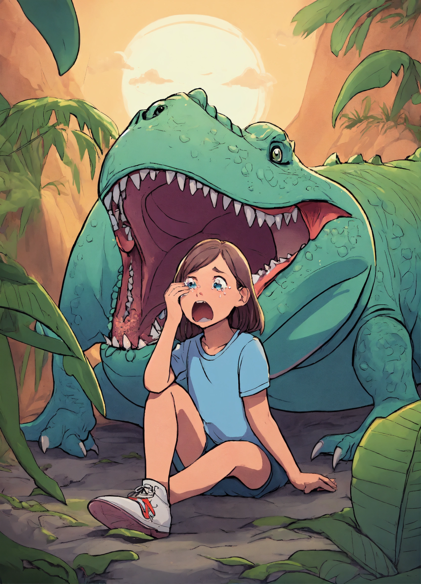 Lexica - Crying girl sitting entirely inside dinosaur's open huge jaws ...