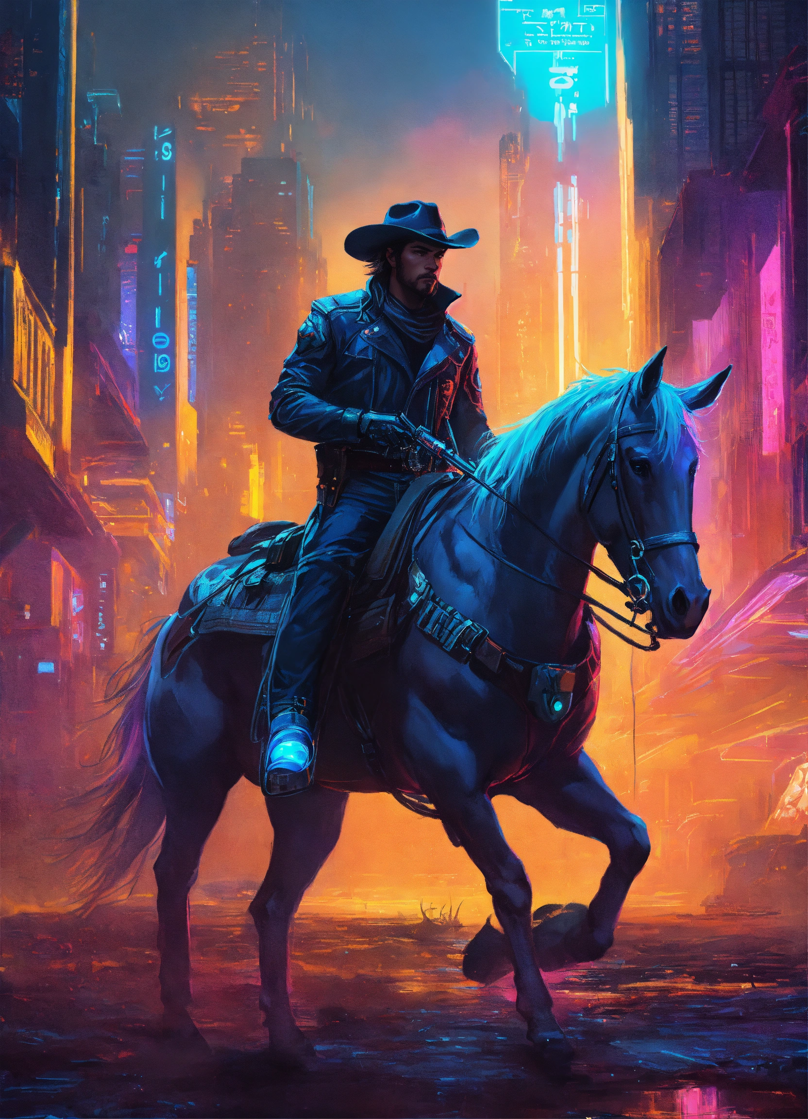 Lexica - Sci-fi cowboy on his horse, the scene is set in a futuristic ...