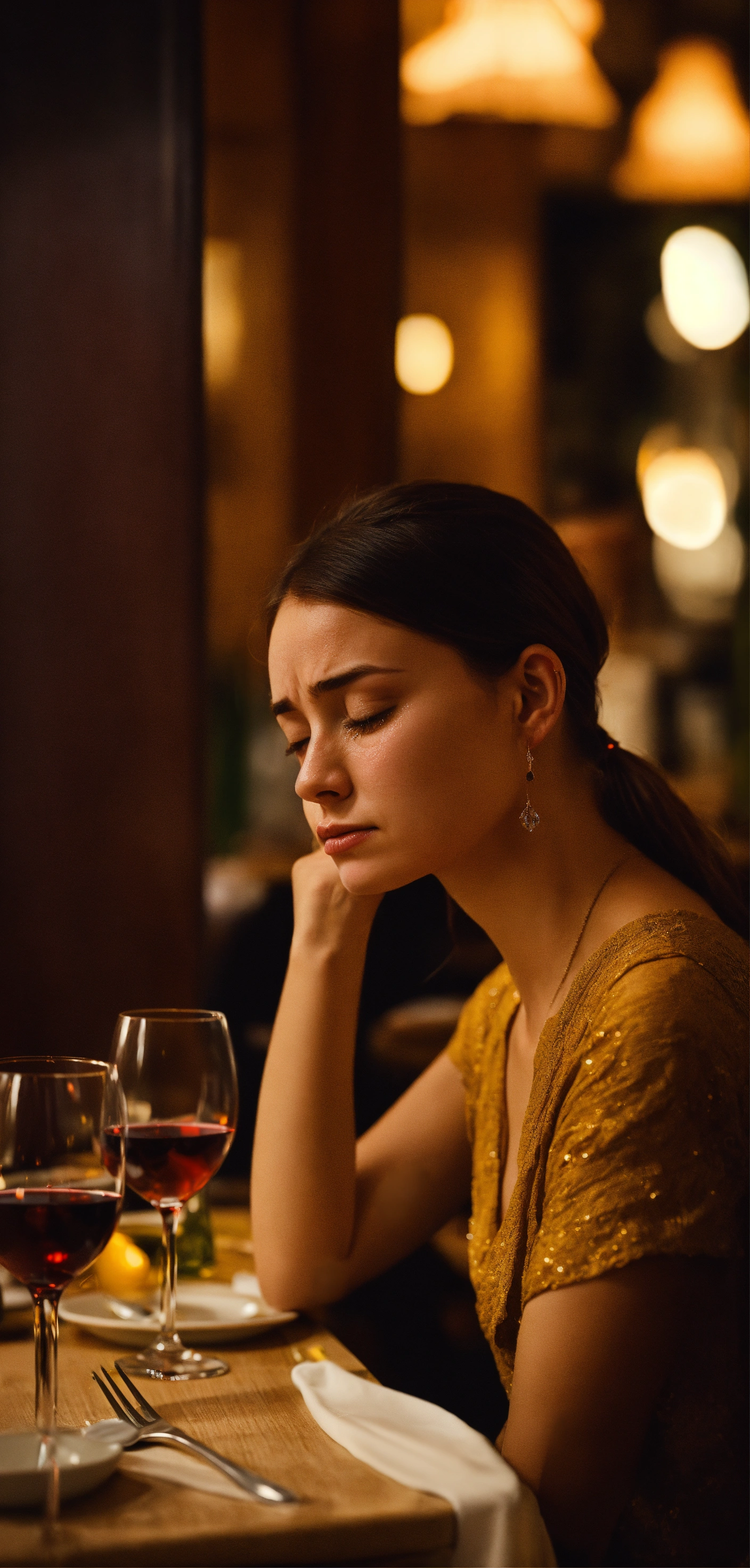 Lexica - A sad girl of about 27 years old is sitting at a table in a ...