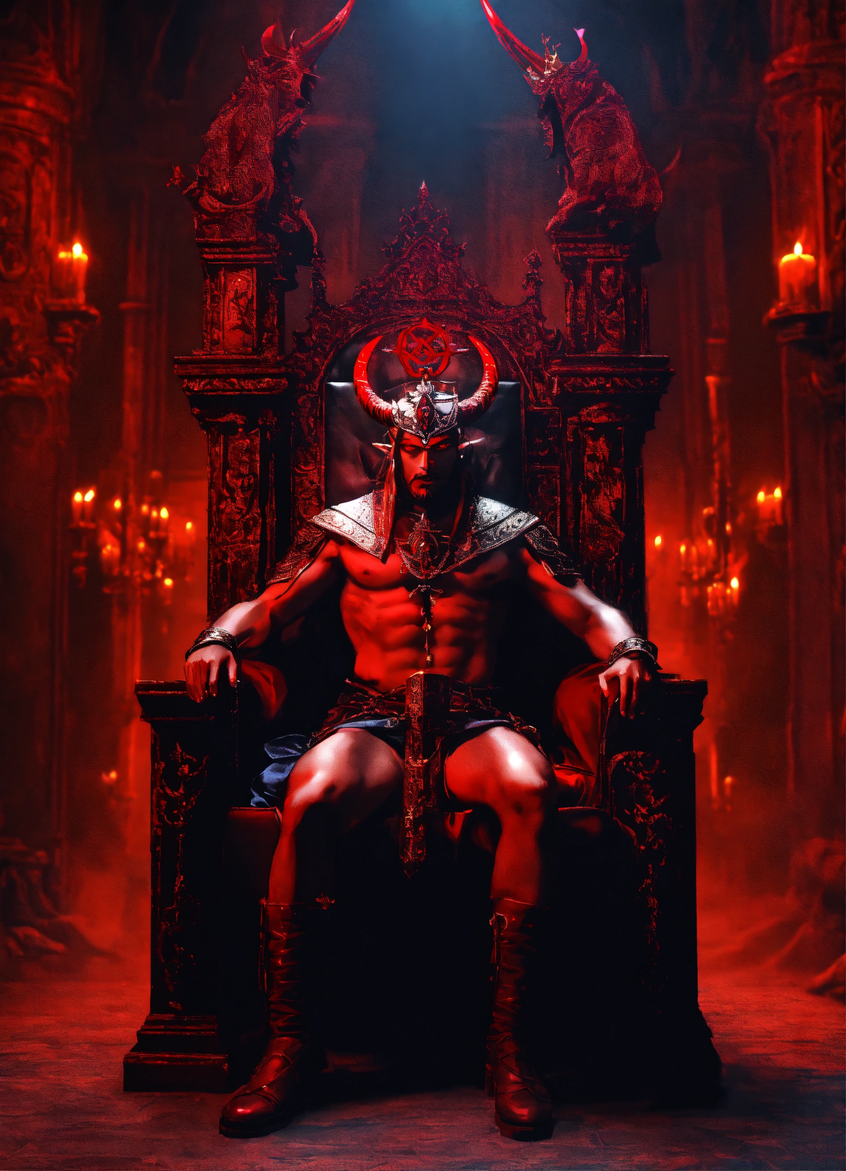 Lexica - Satan with crown on his head, sitting on his throne,red eyes ...
