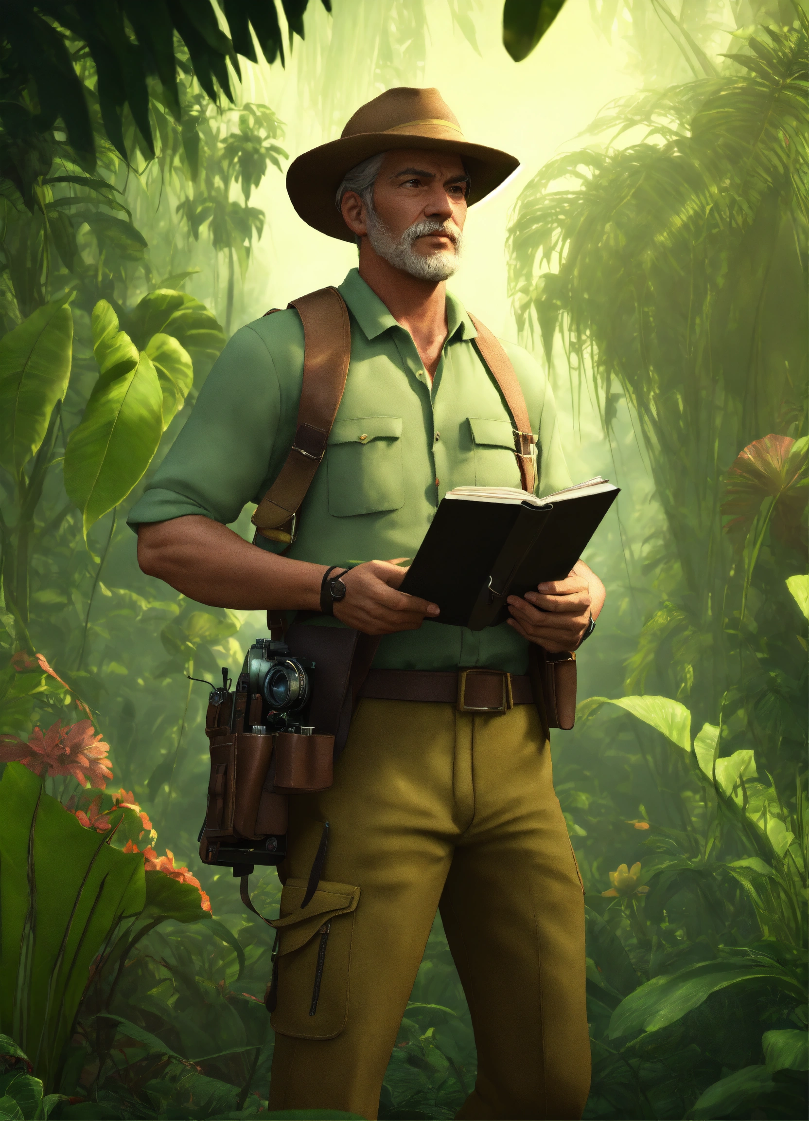 Lexica - ESTABLISHING SHOT of a front view of a 60 year old botanist ...