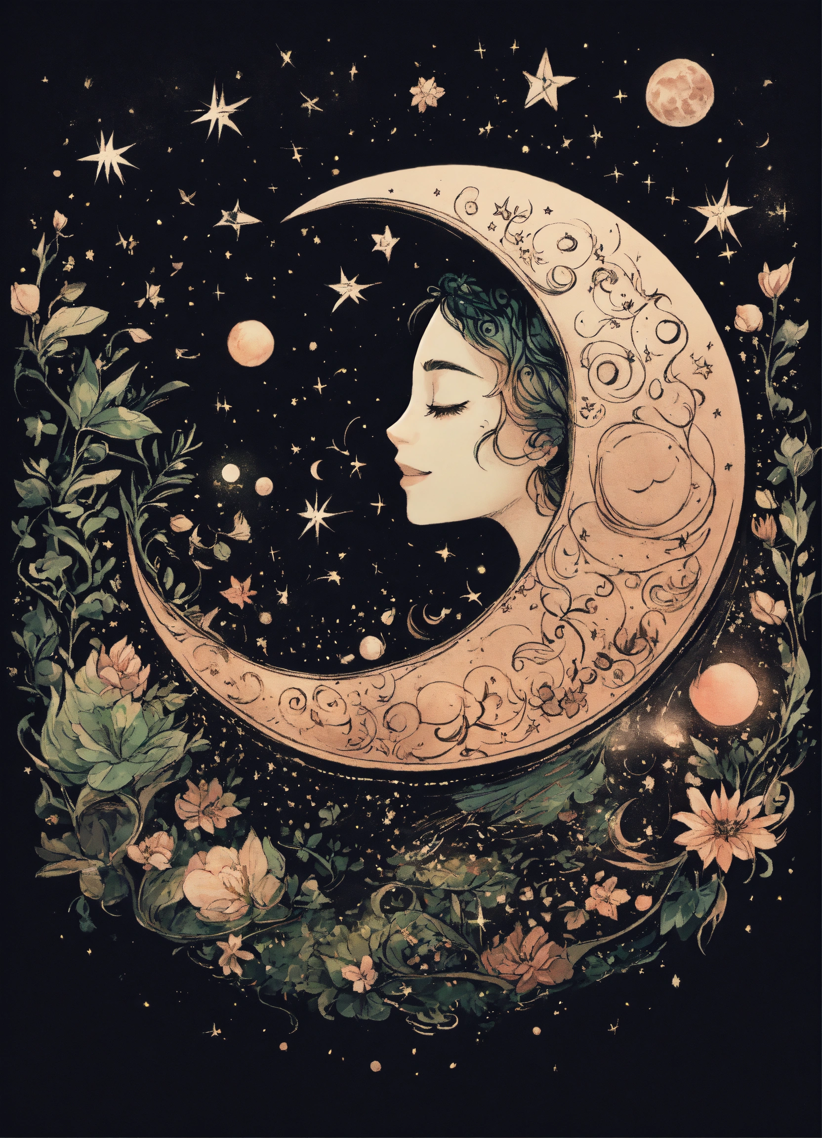 Lexica - Ink drawing tattoo style image of a smiling the moon ...